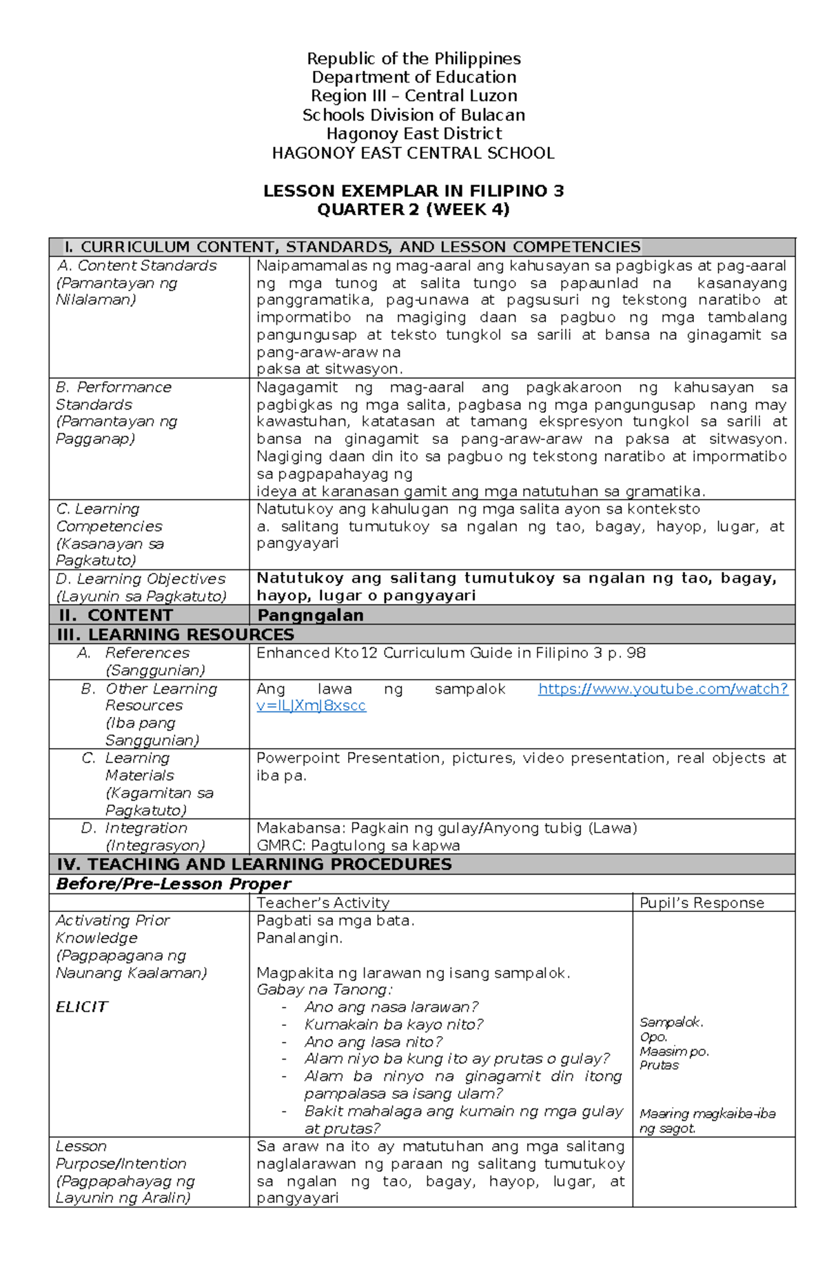 Filipino 3 Lesson Exemplar: Pangngalan DLP Q2 WK4 - Studocu