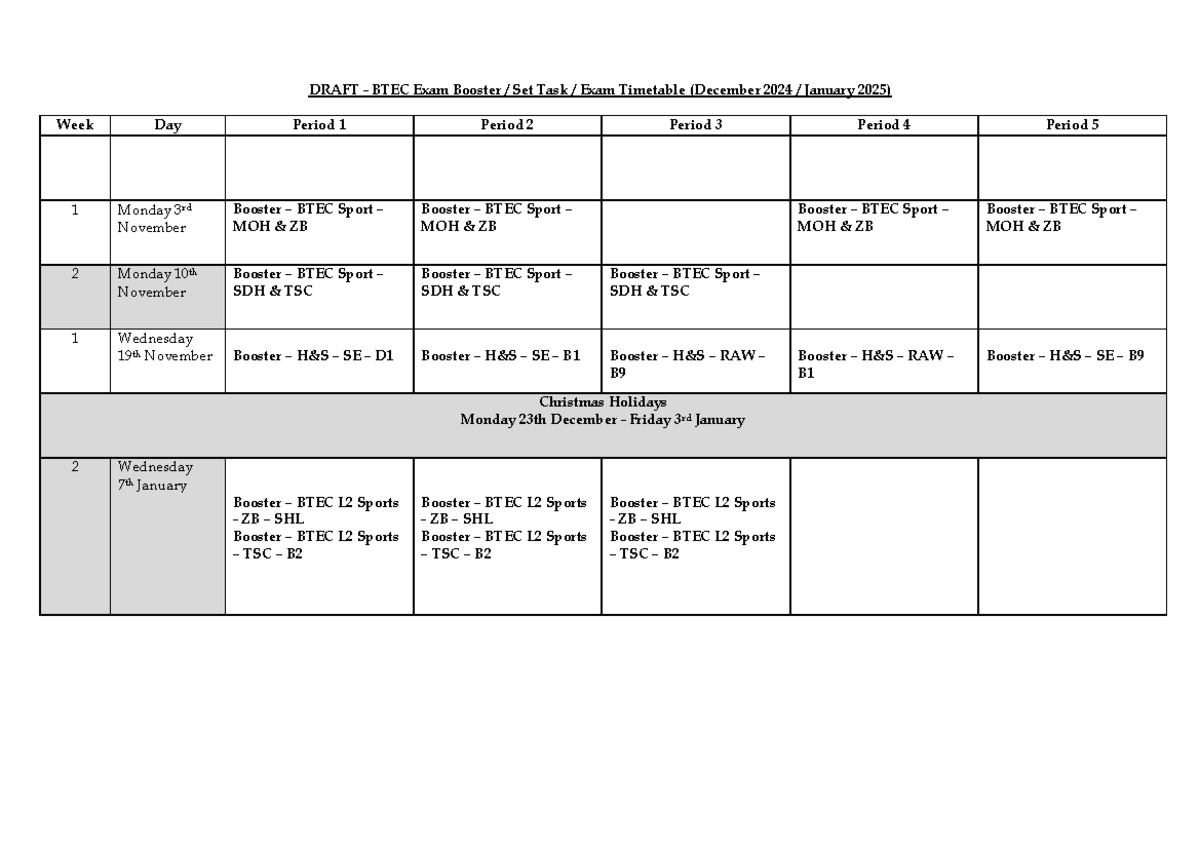BTEC Booster & Exam Timetable for Year 10-11 (Dec 2024 - Jan 2025 ...
