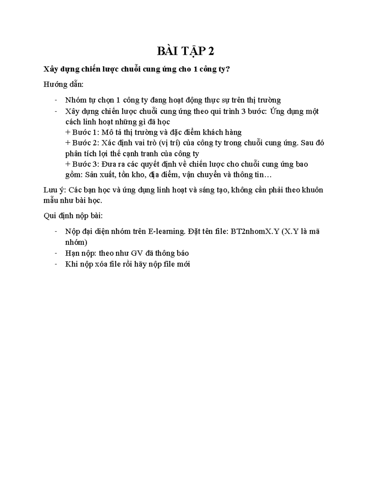 BT2 Cho VD xay dung CL chuoi cung ung - BÀI TẬP 2 Xây dựng chiến lược chuỗi cung ứng cho 1 công ...