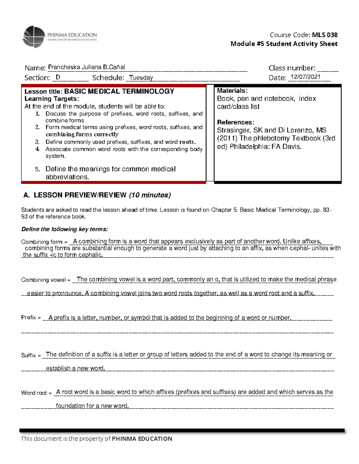PMLS 2 SAS Module 5 - Course Code: MLS 038 Module #5 Student Activity Sheet Name: - Studocu