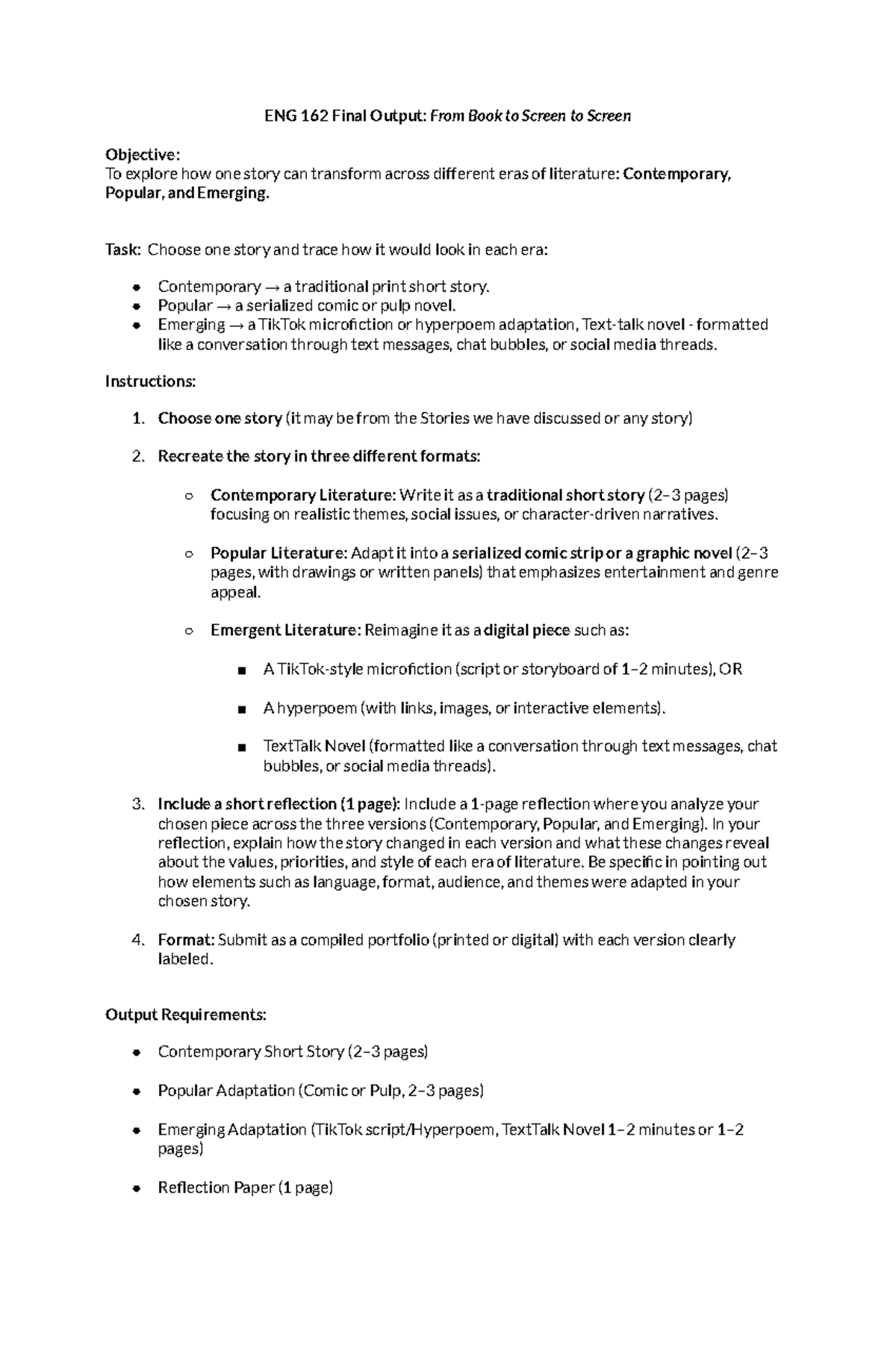 ENG 162 Final Output: Adapting Stories Across Eras in Literature - Studocu