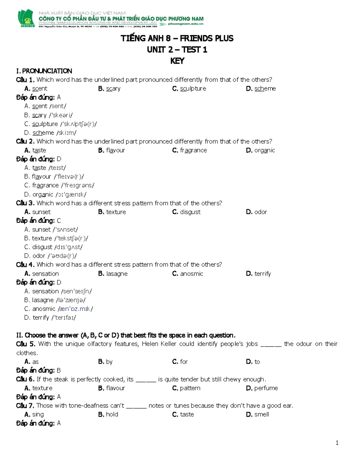 Tiếng Anh 8 Friends Plus - Unit 2 Test 1 Answers & Pronunciation Key ...