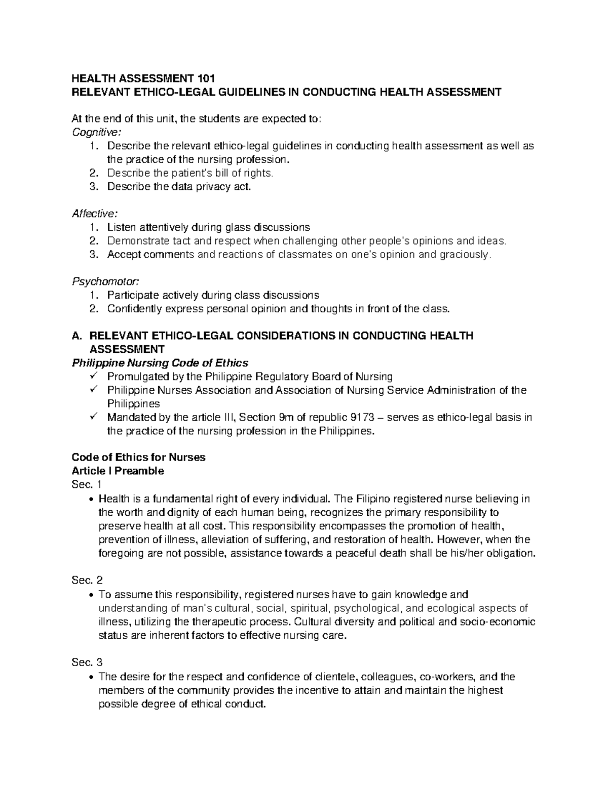 Health assessment 101: Guidelines for ethical nursing practice - Studocu