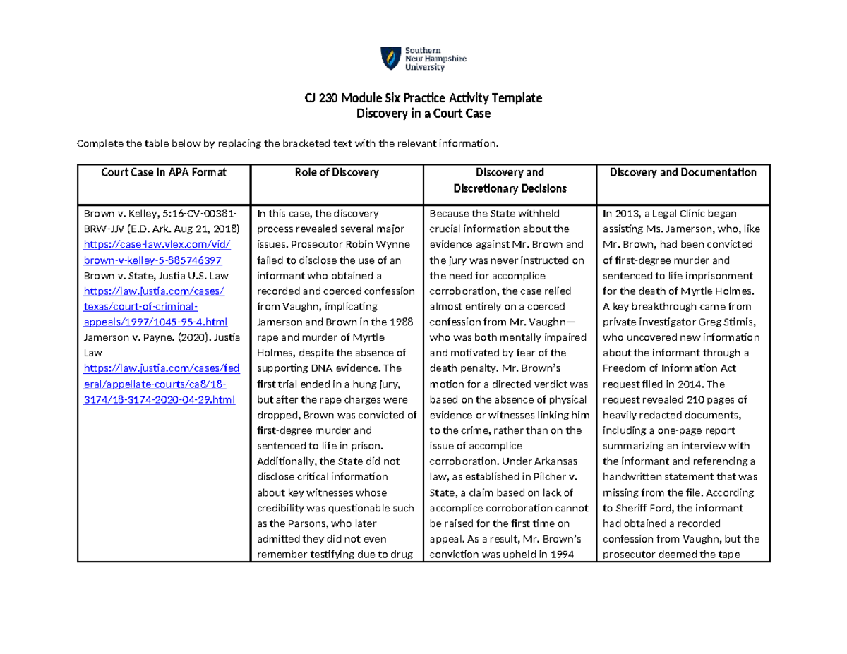 CJ 230 Module Six Practice Activity: Discovery in Court Cases - Studocu