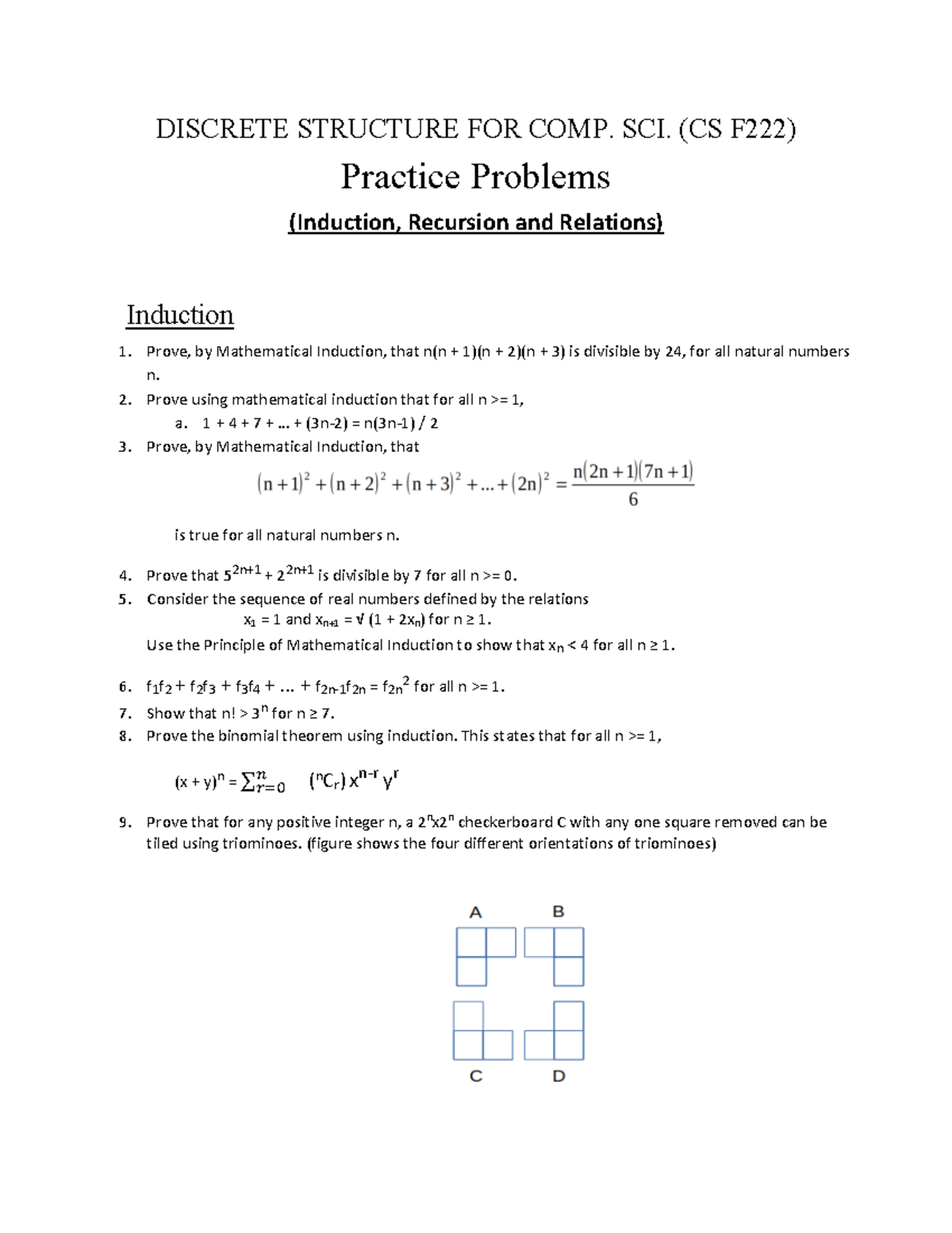 Practice Problems (Induction, recursion and Relations ) - DISCRETE STRUCTURE FOR COMP. SCI. (CS ...