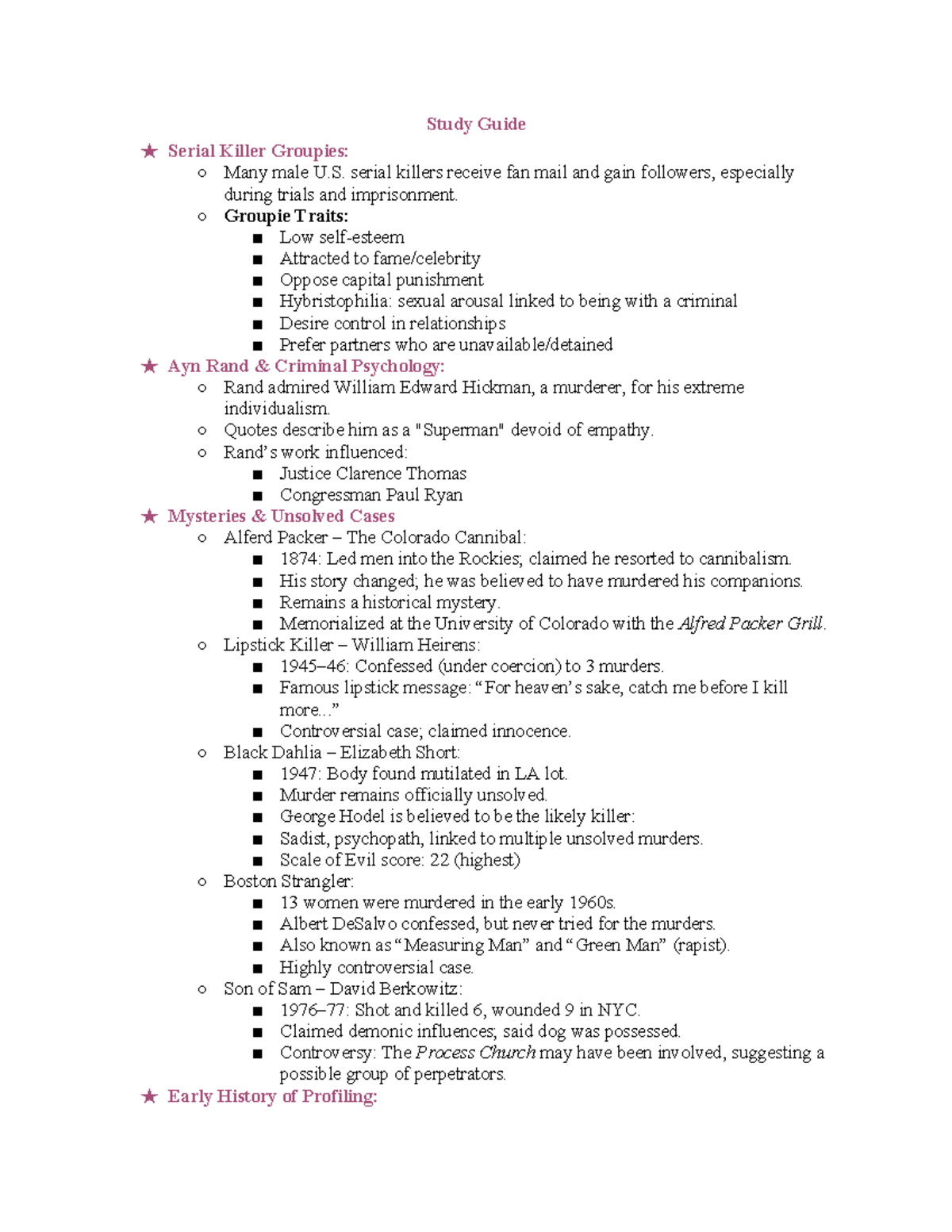 Psychological Profiling of Criminal Behavior: Final Exam Study Guide ...