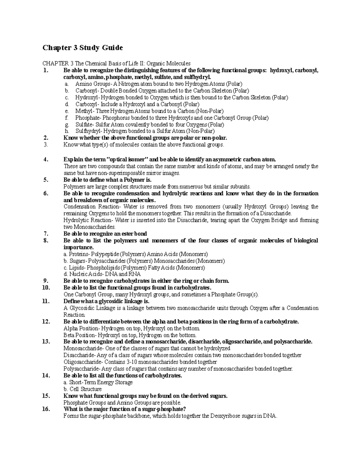 BIOL224 Chapter 3 Study Guide: Organic Molecules & Their Functions ...