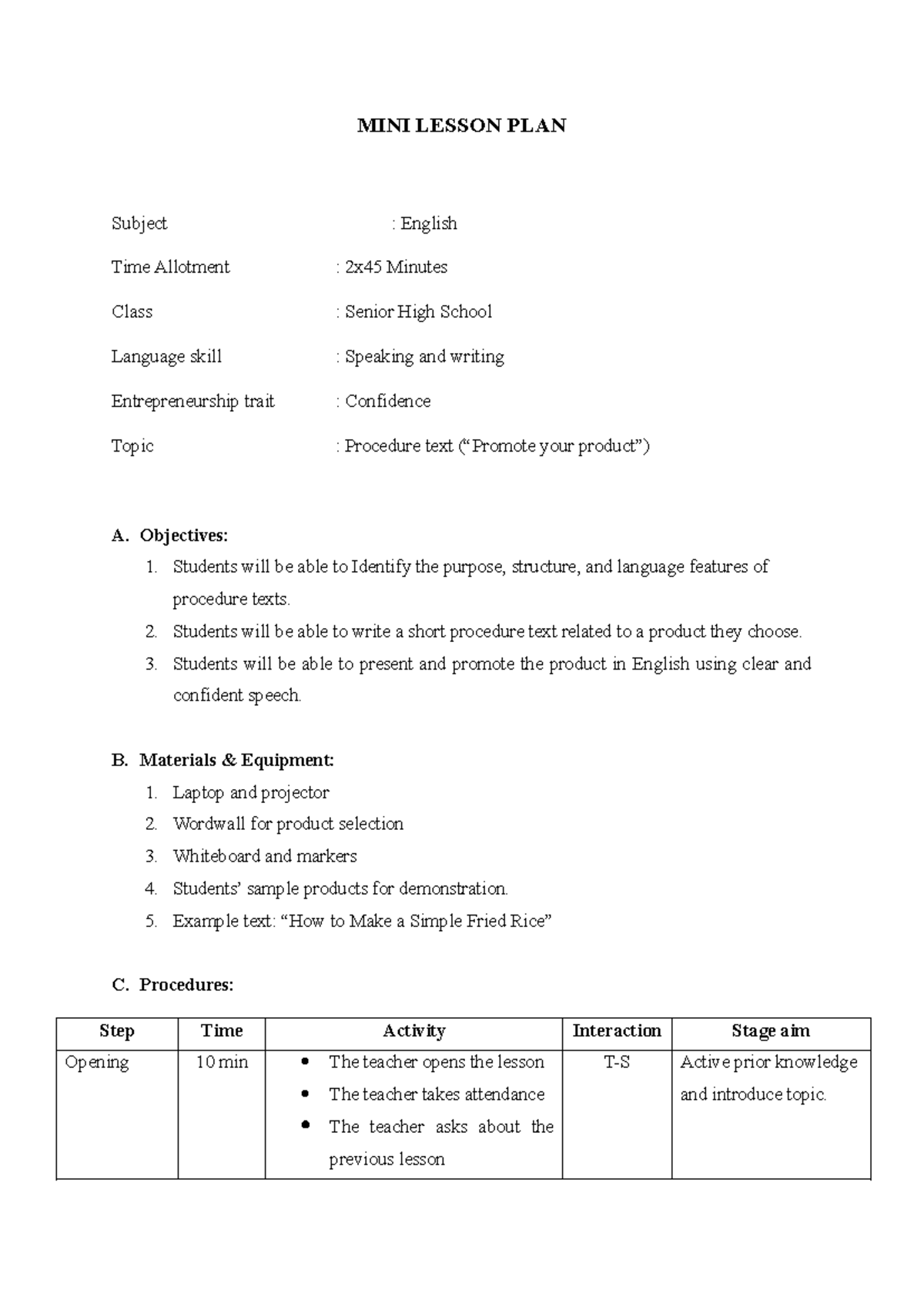 MINI LESSON PLAN: Teaching Procedure Texts in English (SHS) - Studocu