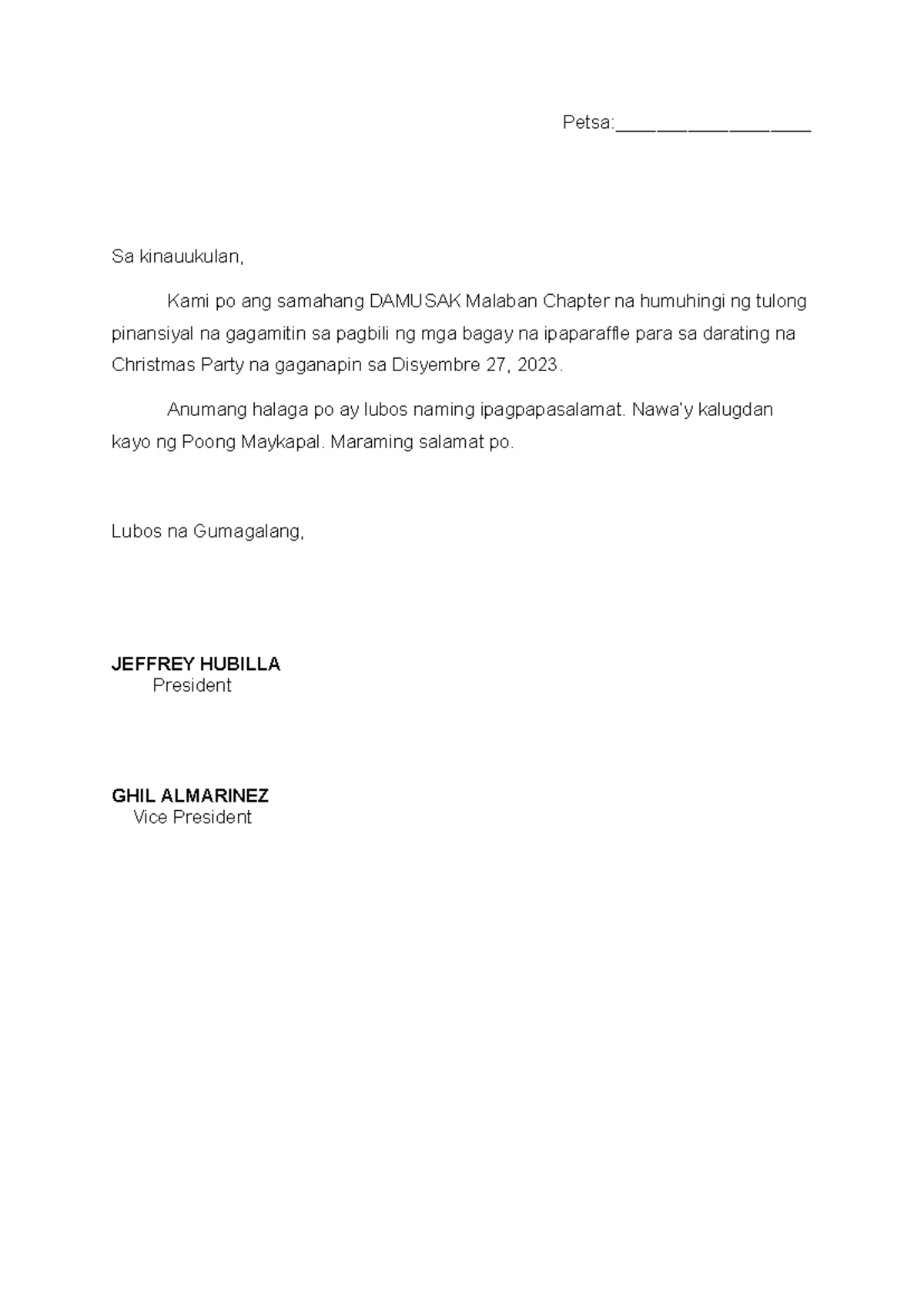 Solicitation Paper - Damusak Malaban Chapter - General Academic Strand ...