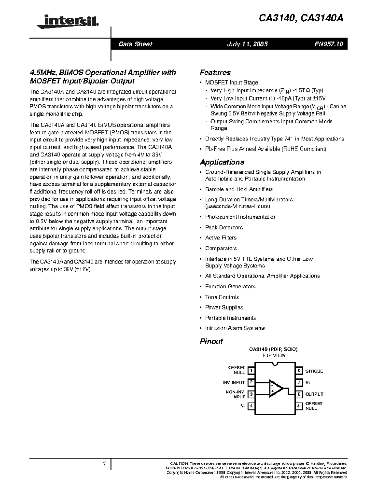 CA3140A Operational Amplifier Data Sheet - Features & Specifications ...