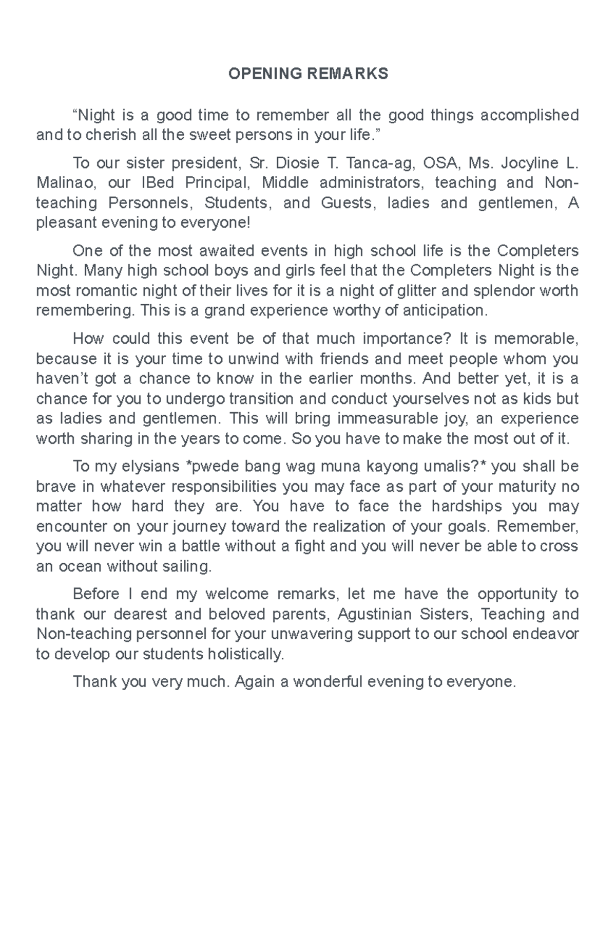 Opening Remarks for Completers Night Event - Studocu