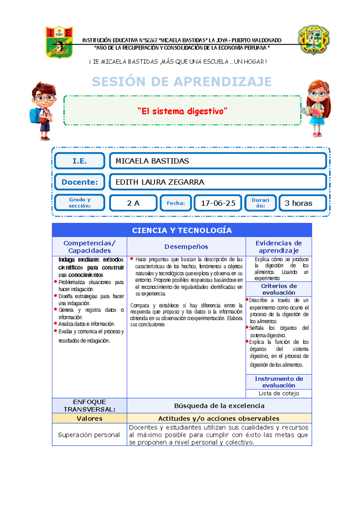 Sesión de Aprendizaje: Proceso de Digestión en I.E. Micaela Bastidas ...