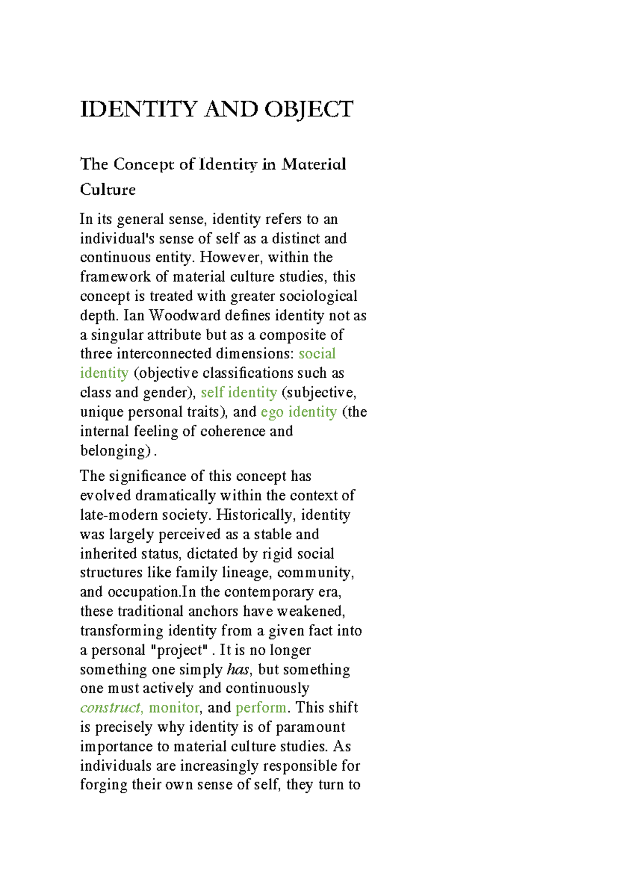 IDENTITY AND OBJECT: Exploring Material Culture Concepts - Studocu