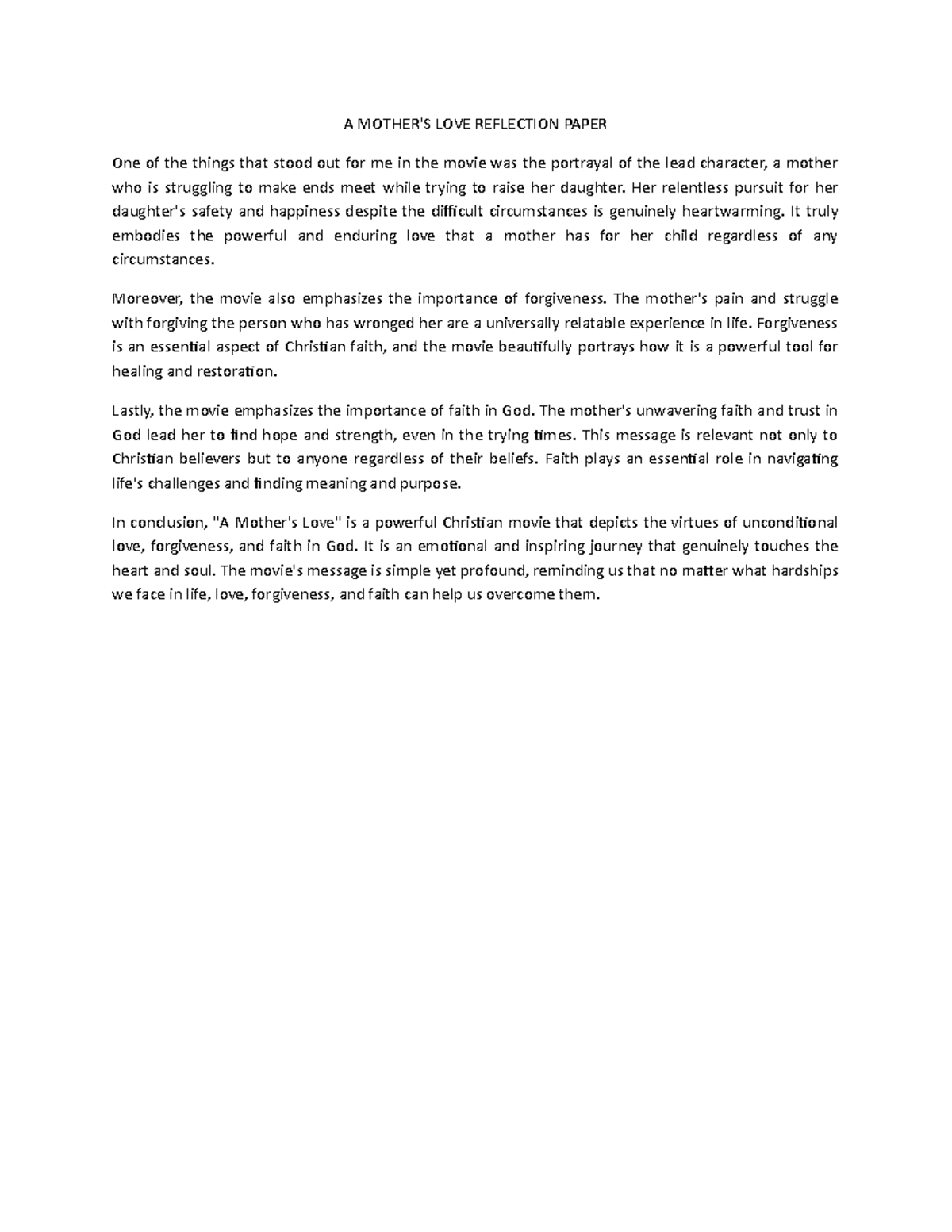 A Mother's Love Reflection Paper - Exploring Themes of Faith ...