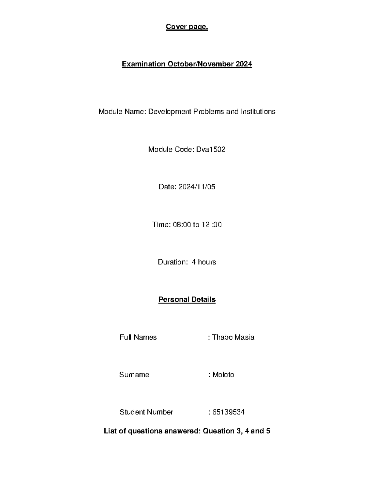 DVA1502 Final Exam 2024: Development Problems & Institutions - Studocu