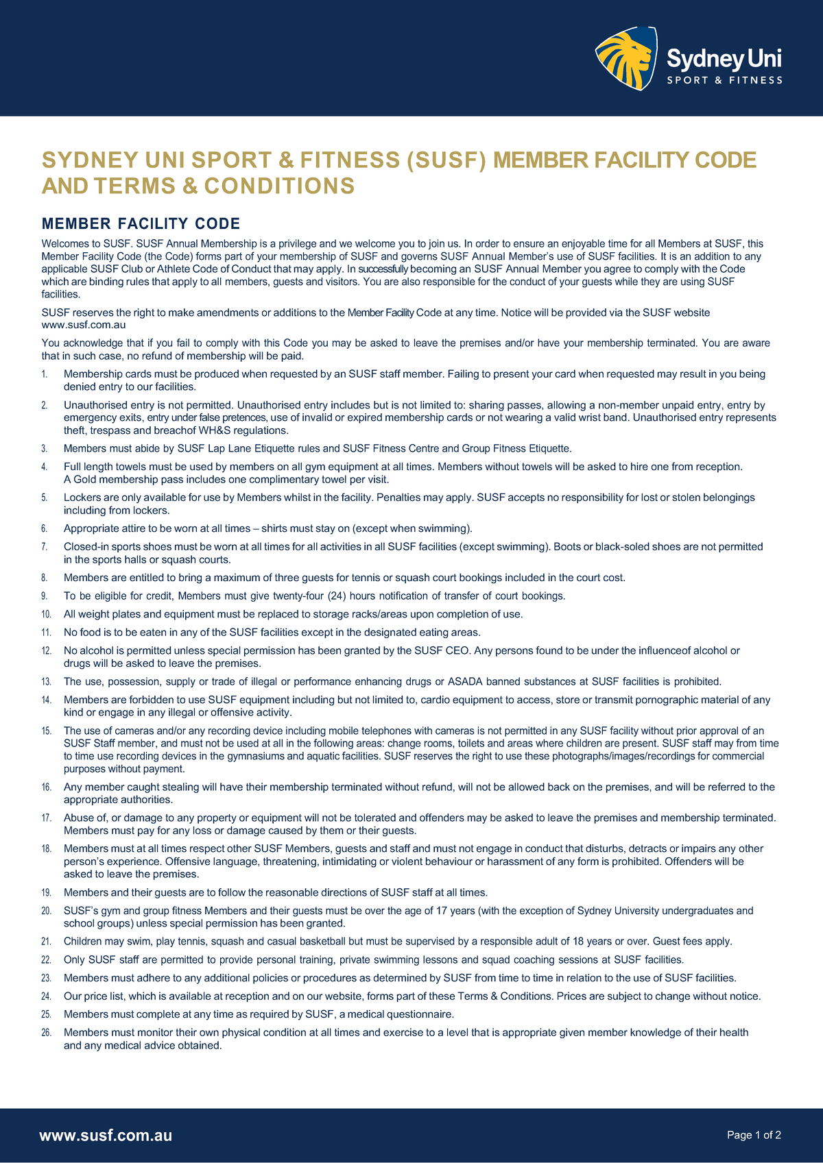 TCs and Member Facility Code - susf.com Page 1 of 2 SYDNEY UNI SPORT ...