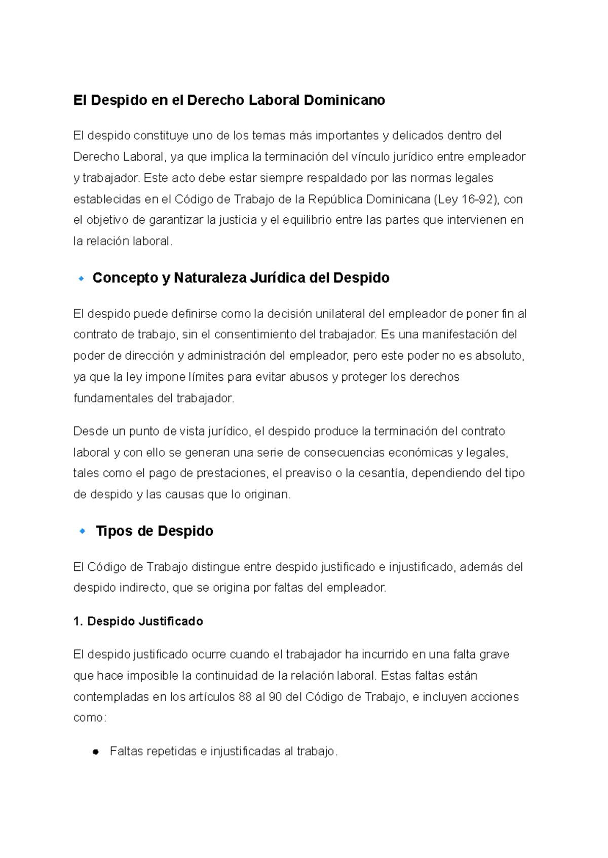 El Despido en el Derecho Laboral Dominicano: Análisis y Tipos - Studocu