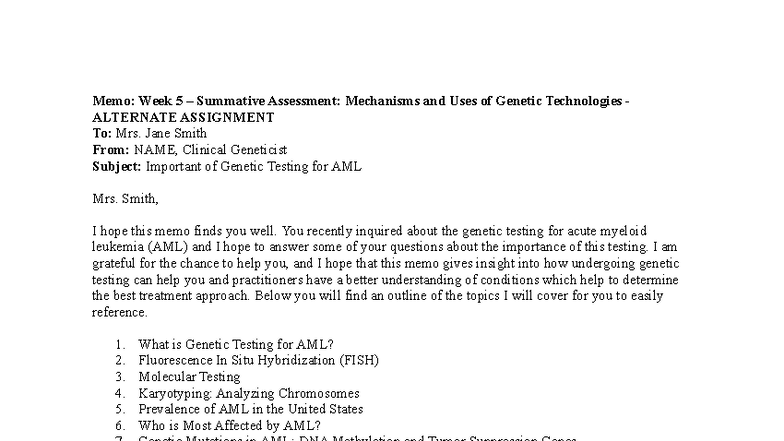 Genetics 101: Week 5 Summative Assessment on AML Testing - Studocu