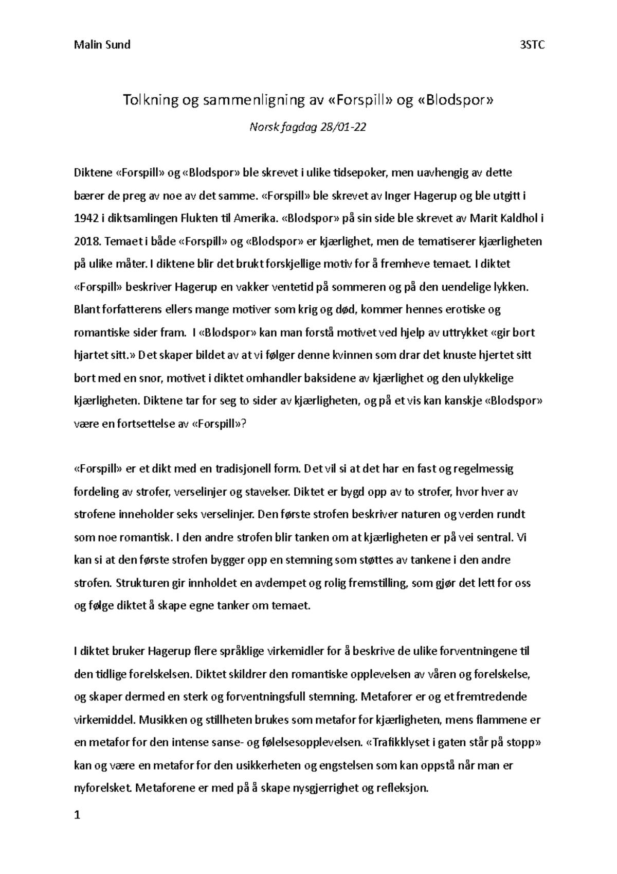 Tolkning og sammenligning av Forspill og Blodspor - Malin Sund 3STC ...