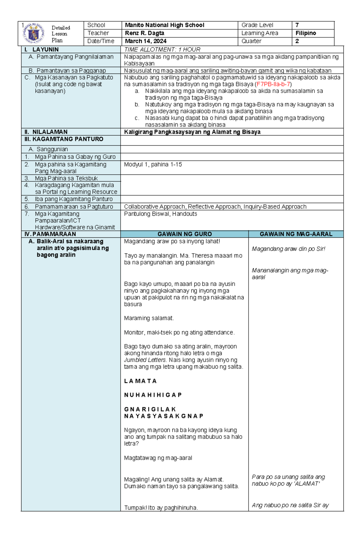 LP-7 Lesson Plan on Kabisayaan Literature - Alamat and Learning ...