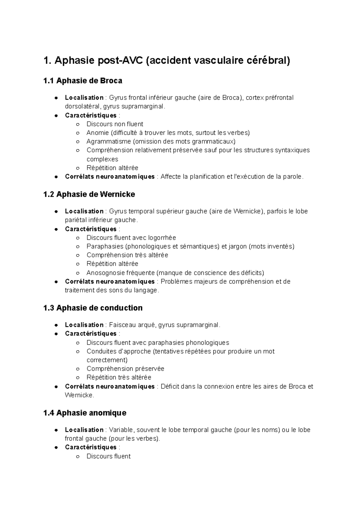 Cours 4 : Résumé sur les Types d'Aphasie et leurs Caractéristiques ...