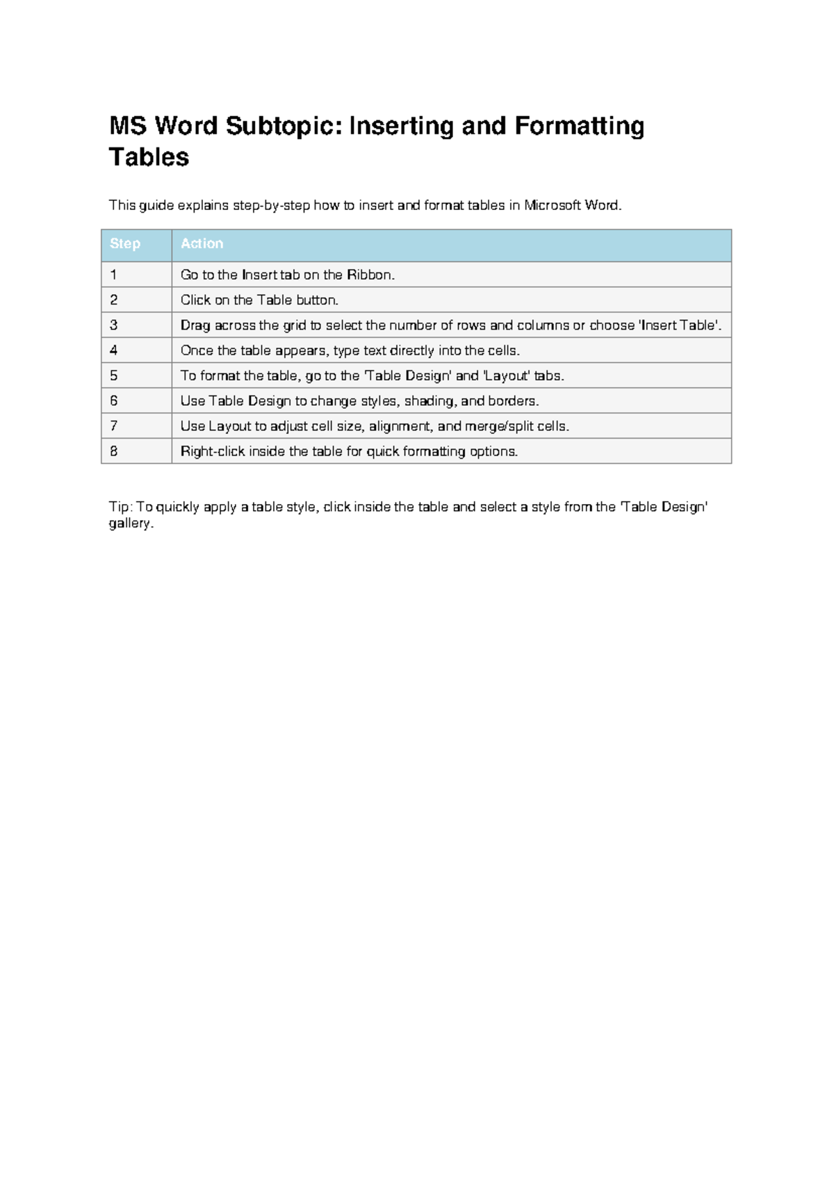 MS Word Guide: Inserting & Formatting Tables Steps - Studocu