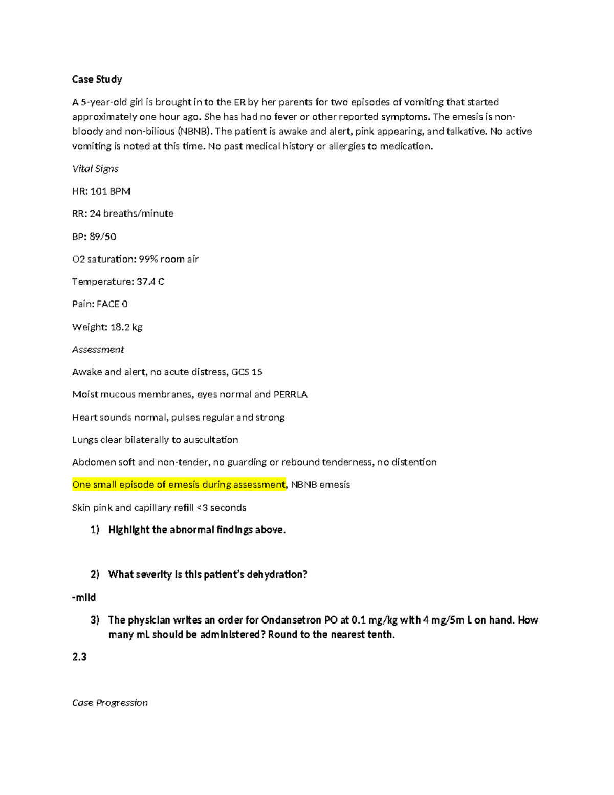 Dehydration Case Study: Pediatric Assessment & Treatment (NUR 205 ...
