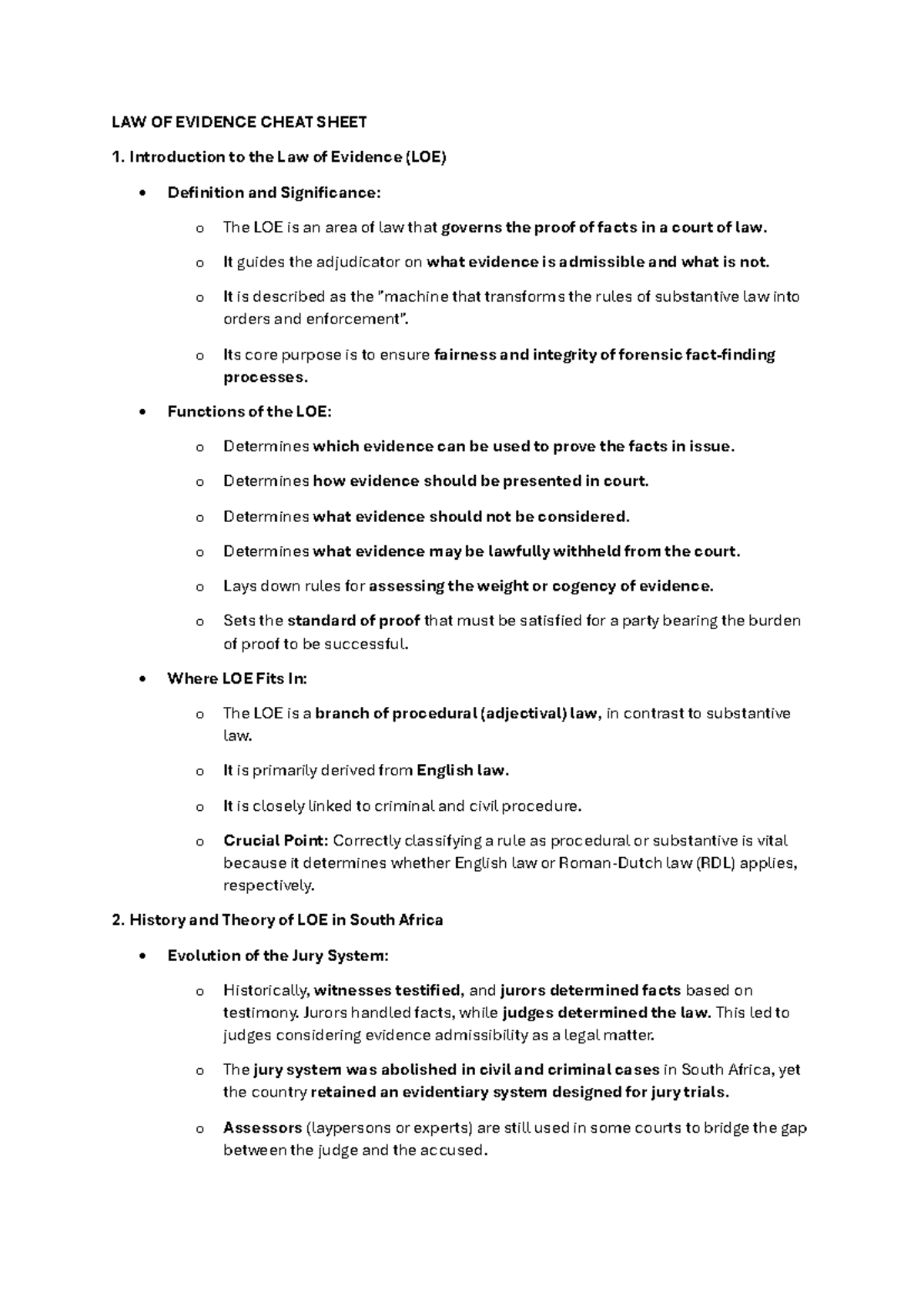 LAW OF EVIDENCE (LOE) CHEAT SHEET: Key Concepts & Principles - Studocu