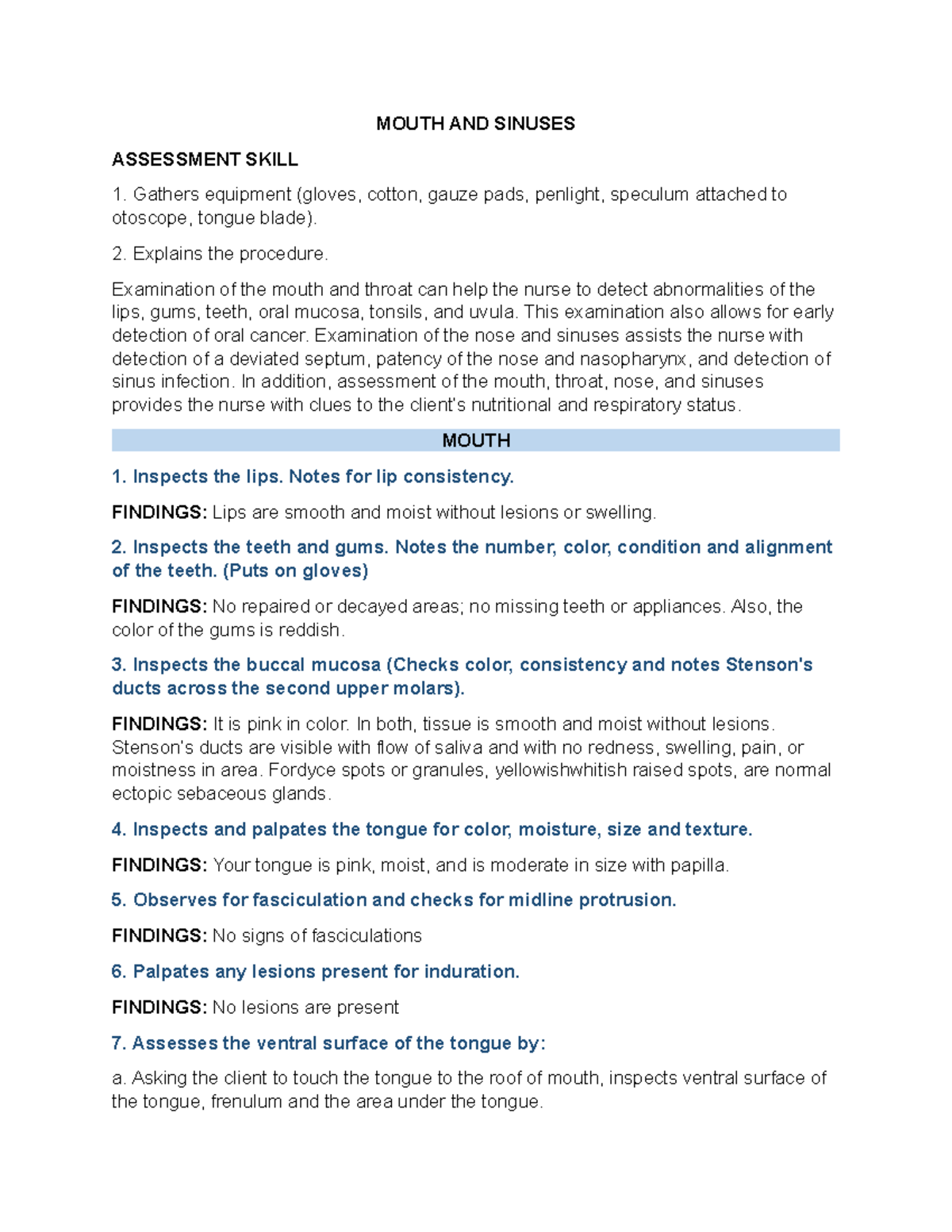 PHYSICAL ASSESSMENT: MOUTH, NOSE, THROAT & SINUSES OVERVIEW - Studocu