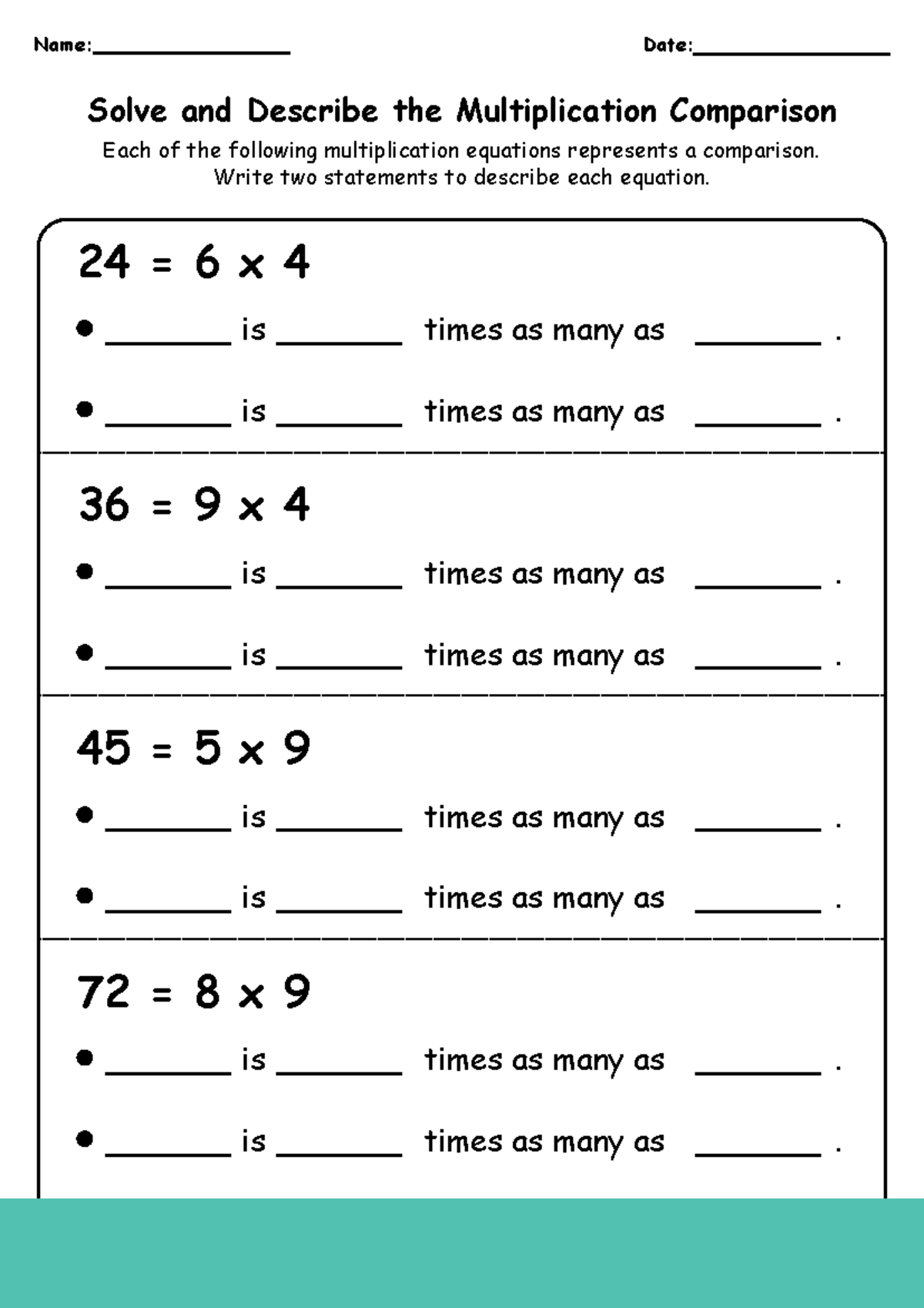 Solve and Describe Multiplication Comparison - 4th Grade Worksheet ...