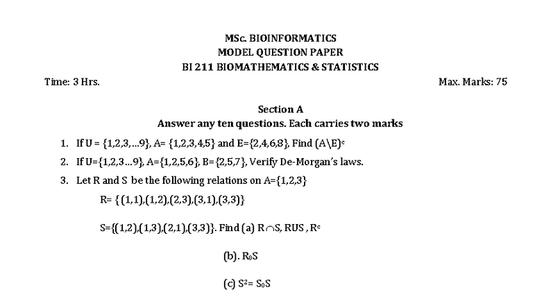 MSc. BIOINFORMATICS MODEL QUESTION PAPER BI 211 BIOMATHEMATICS ...