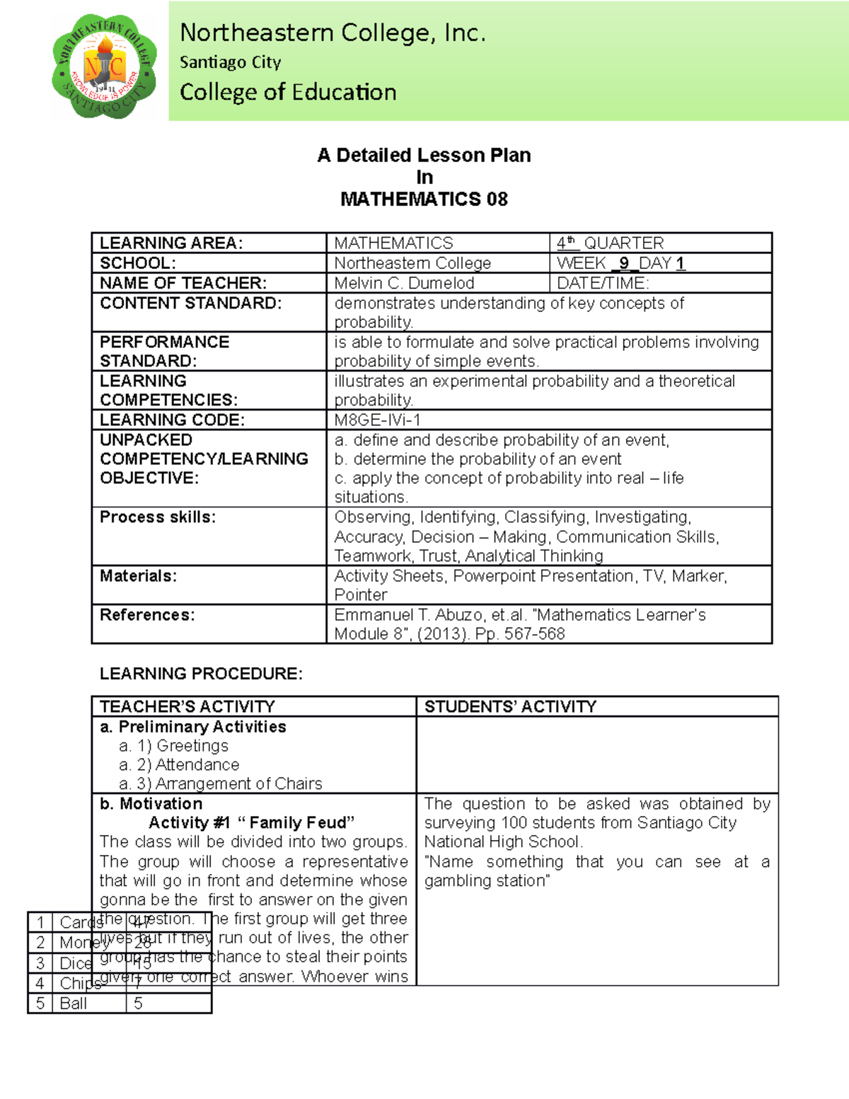Math 8 Detailed Lesson Plan on Probability (Quarter 4) - Studocu