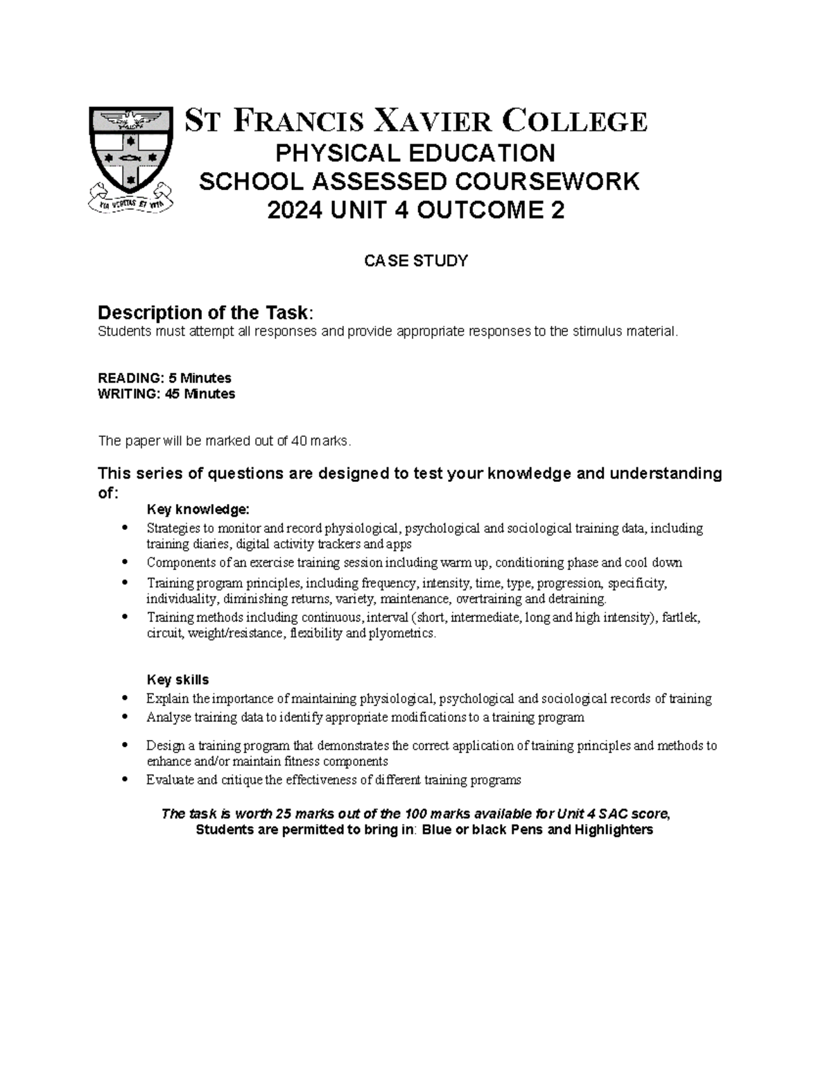 2024 PE Unit 4 Outcome 2 Case Study: Training Program for Jess Fox ...