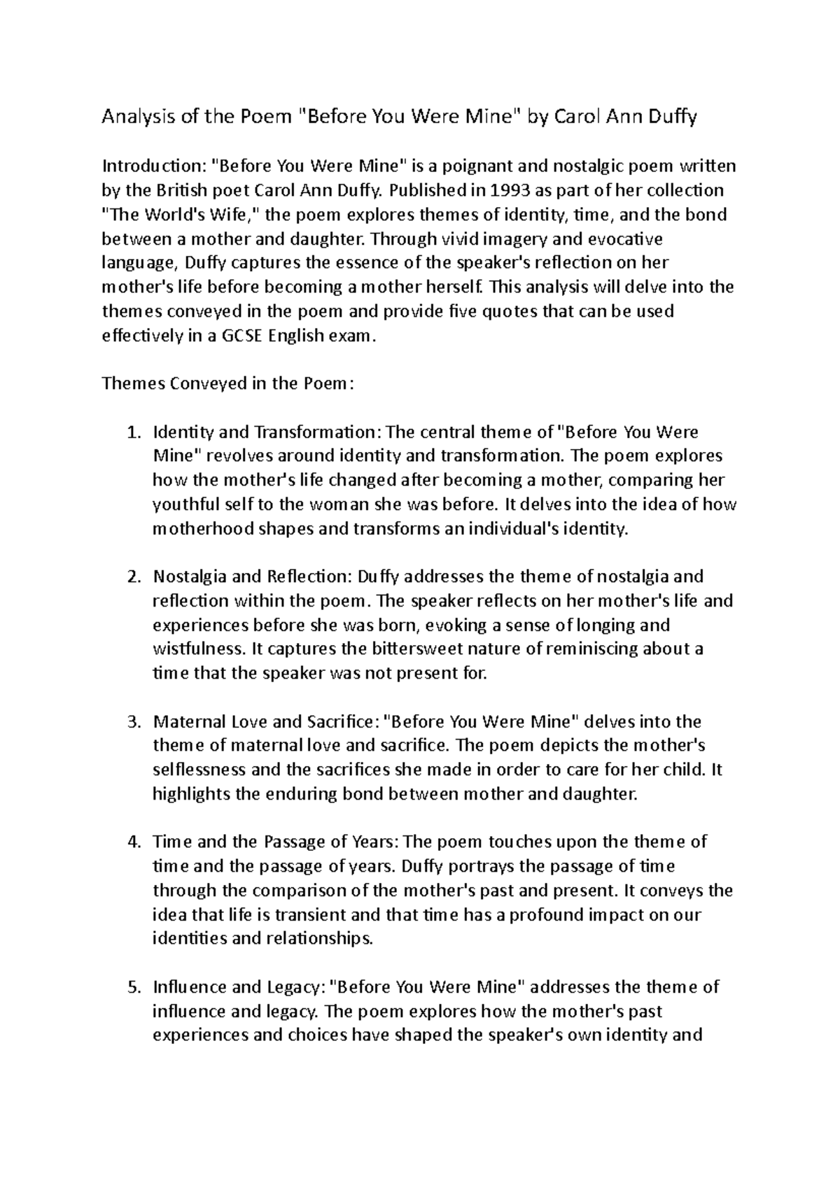 Analysis of "Before You Were Mine" by Carol Ann Duffy for GCSE - Studocu