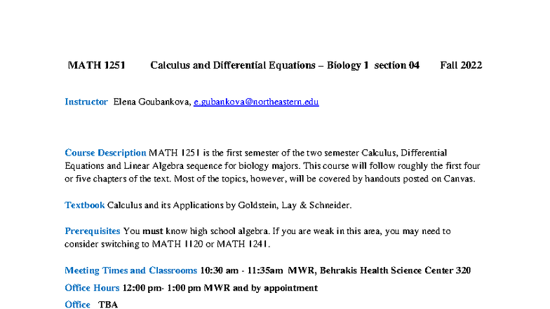 MATH 1251 Syllabus: Calculus & Diff. Equations for Biology Fall 2022 ...