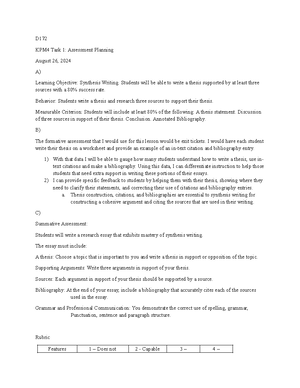 Assessment Planning - Task 1 - Brandie Register D172: Assessing Student Learning January 19 ...