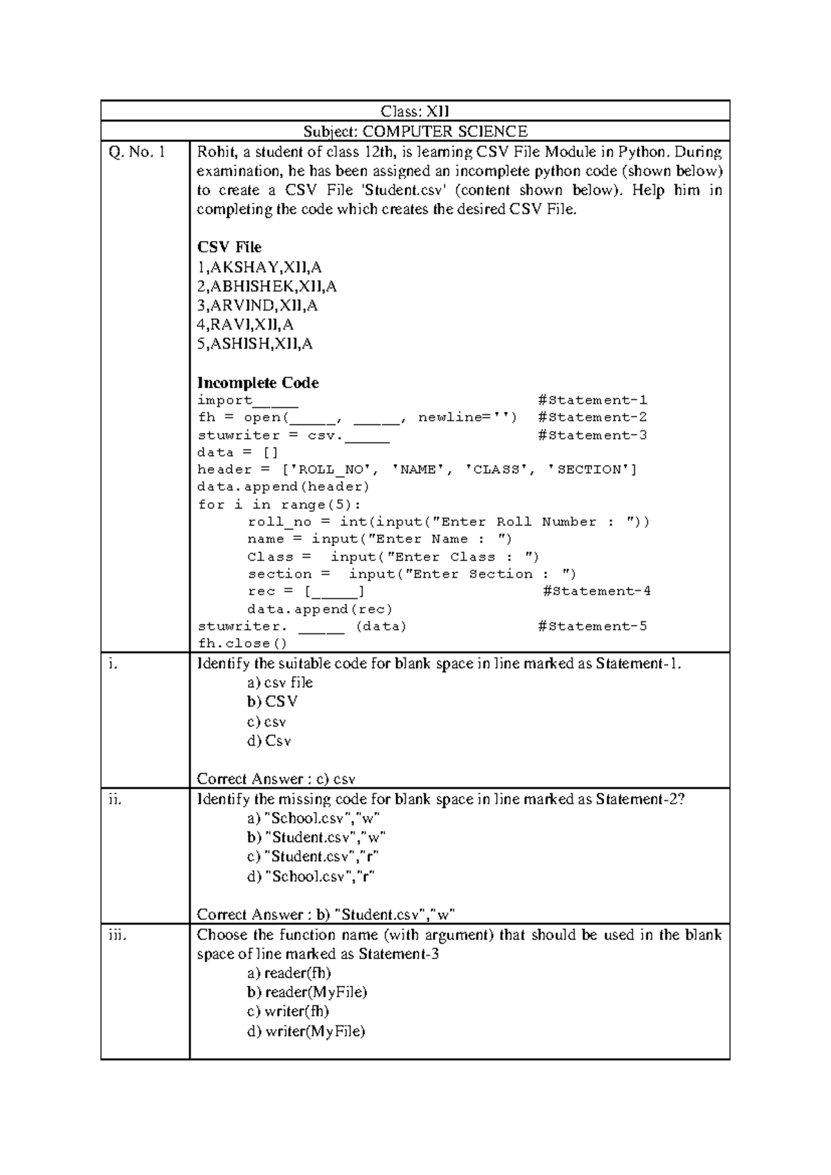 CBSE Computer Science XII Case Study Questions Bank - Studocu