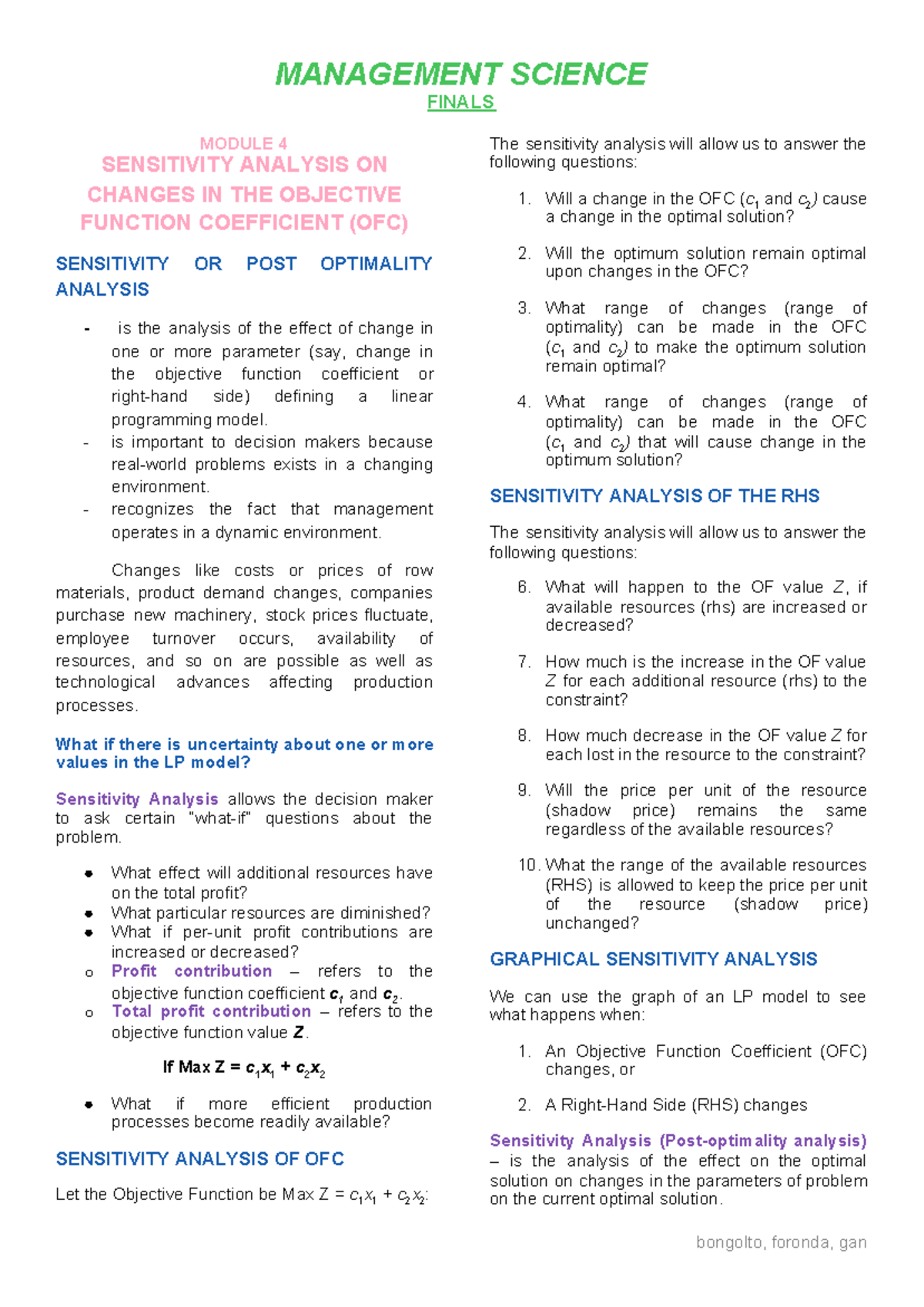 Final Exam - Mansci - Sensitivity Analysis in Management Science - Studocu