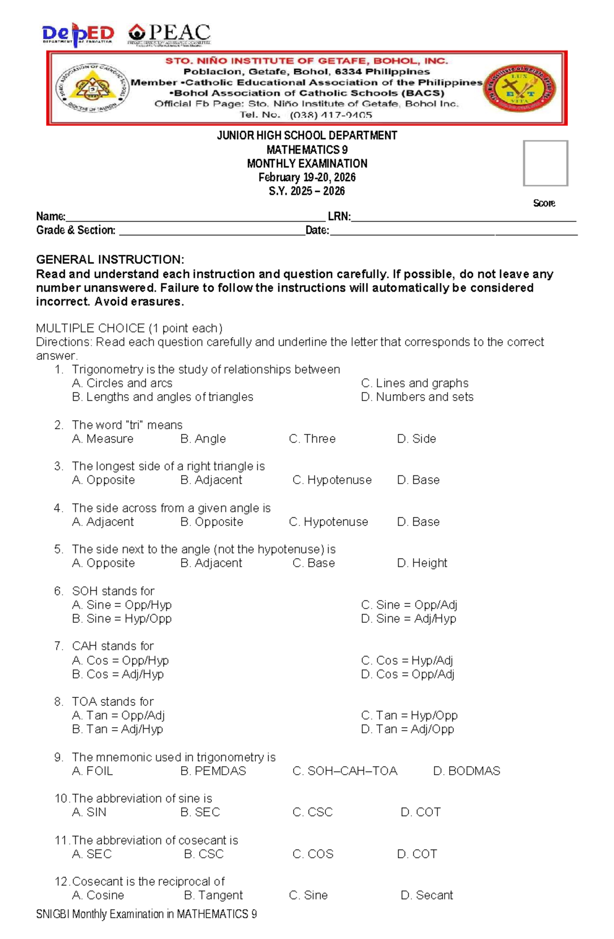 SNIGBI Monthly Examination in MATHEMATICS 9 - February 2026 - Studocu
