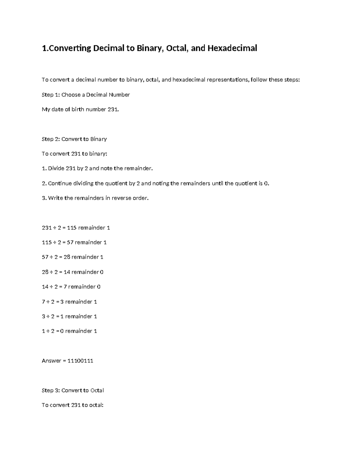 1. Converting Decimal to Binary, Octal, and Hexadecimal (CS101) - Studocu
