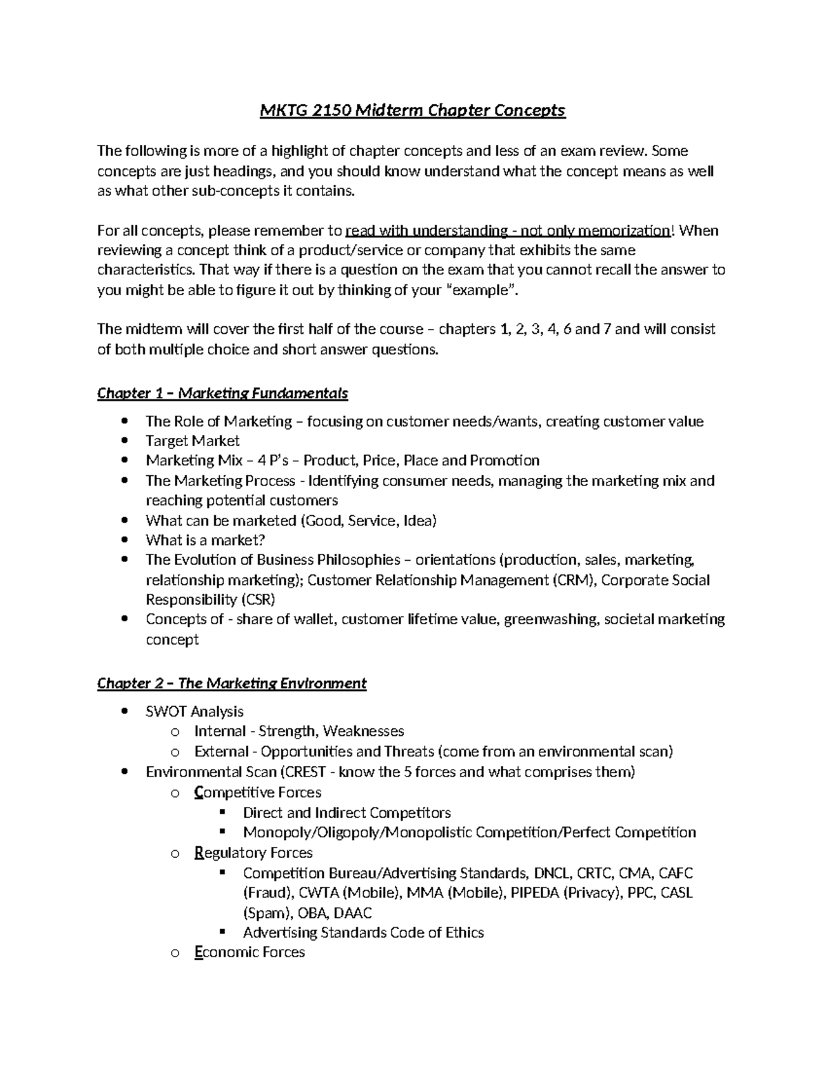 MKTG 2150 Midterm Exam Key Concept Review Winter 2026 - Studocu