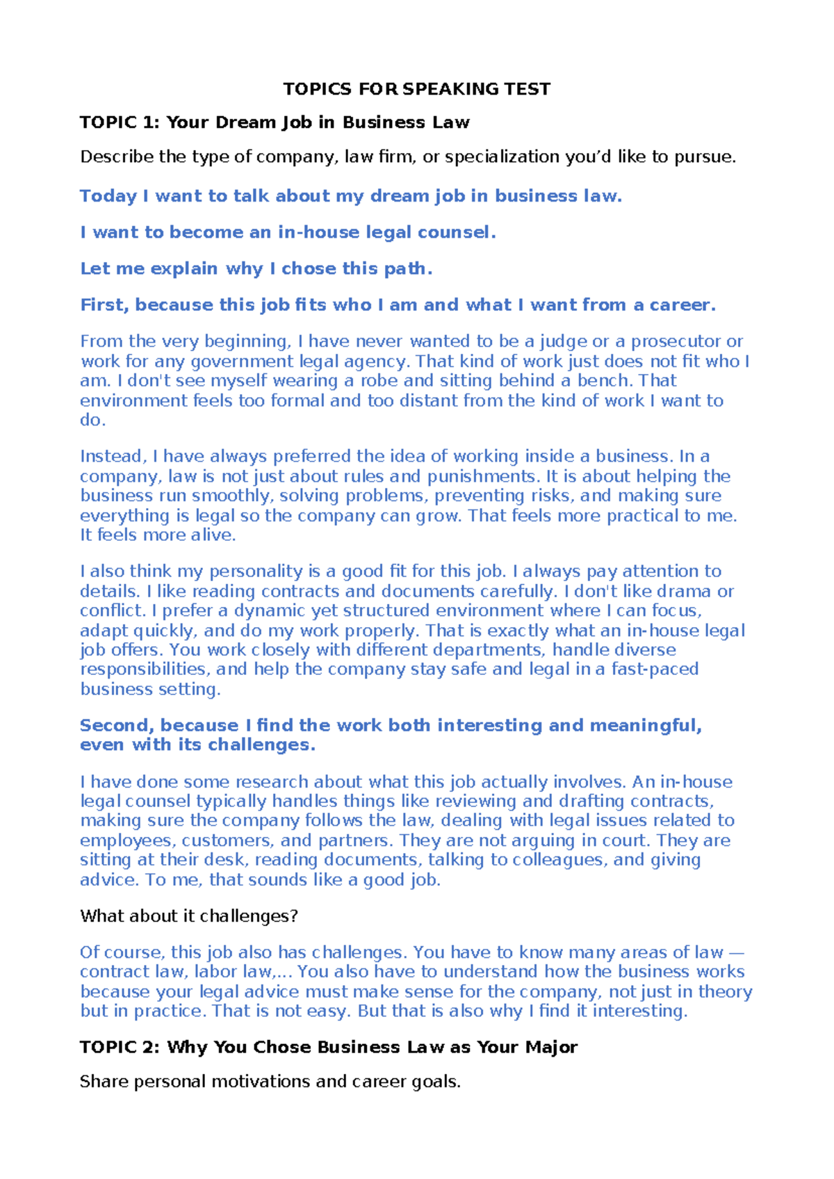 Topics for Speaking Test: Business Law Career Aspirations and AI Impact ...