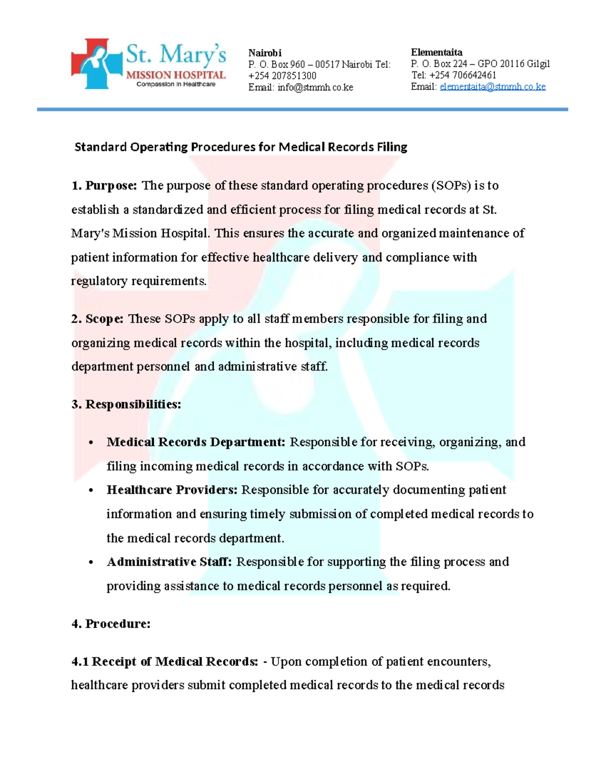 Medical Records Filing SOPs for St. Mary's Mission Hospital - Studocu