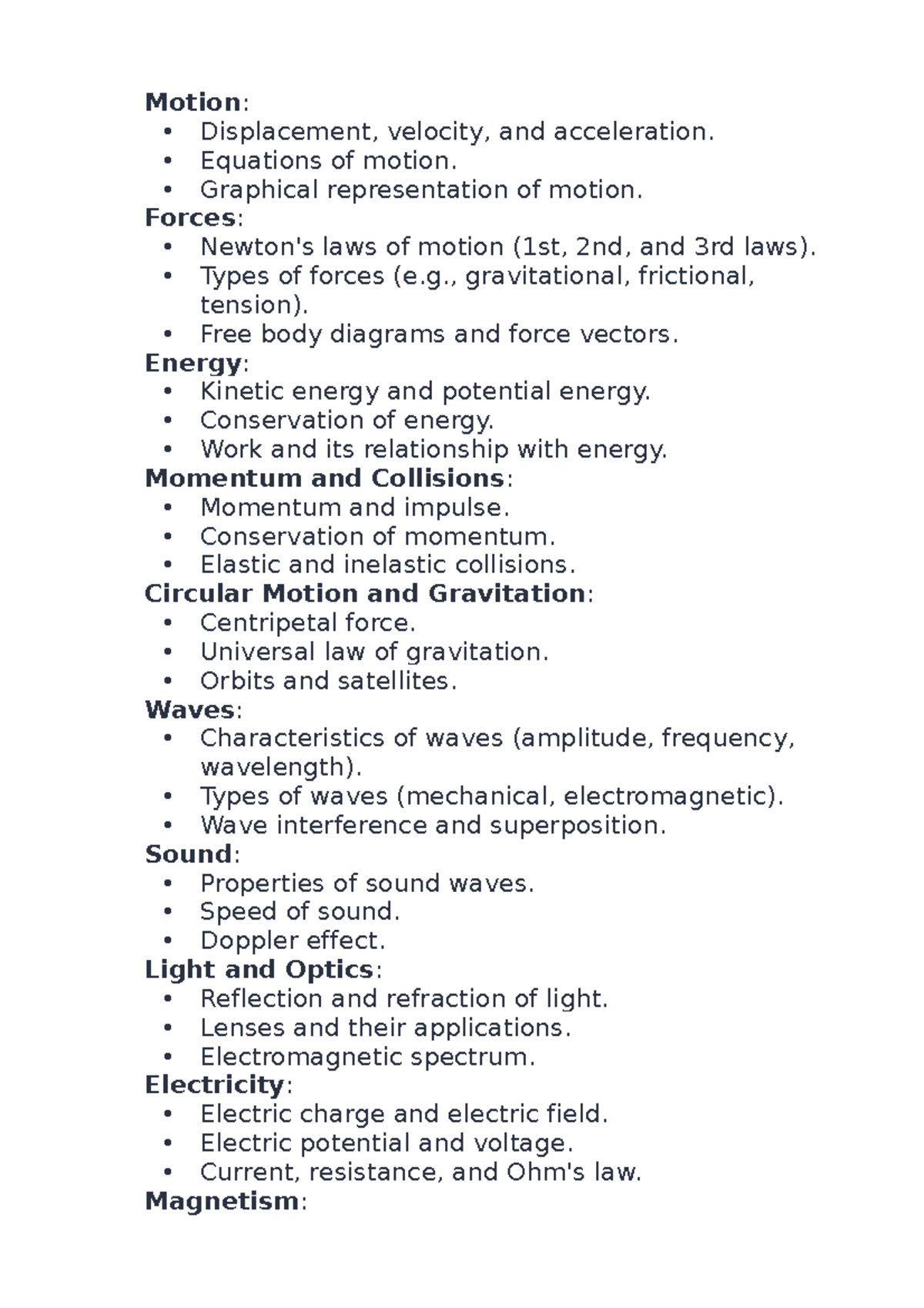 Physics 11: Comprehensive Outline of Key Concepts and Topics - Studocu