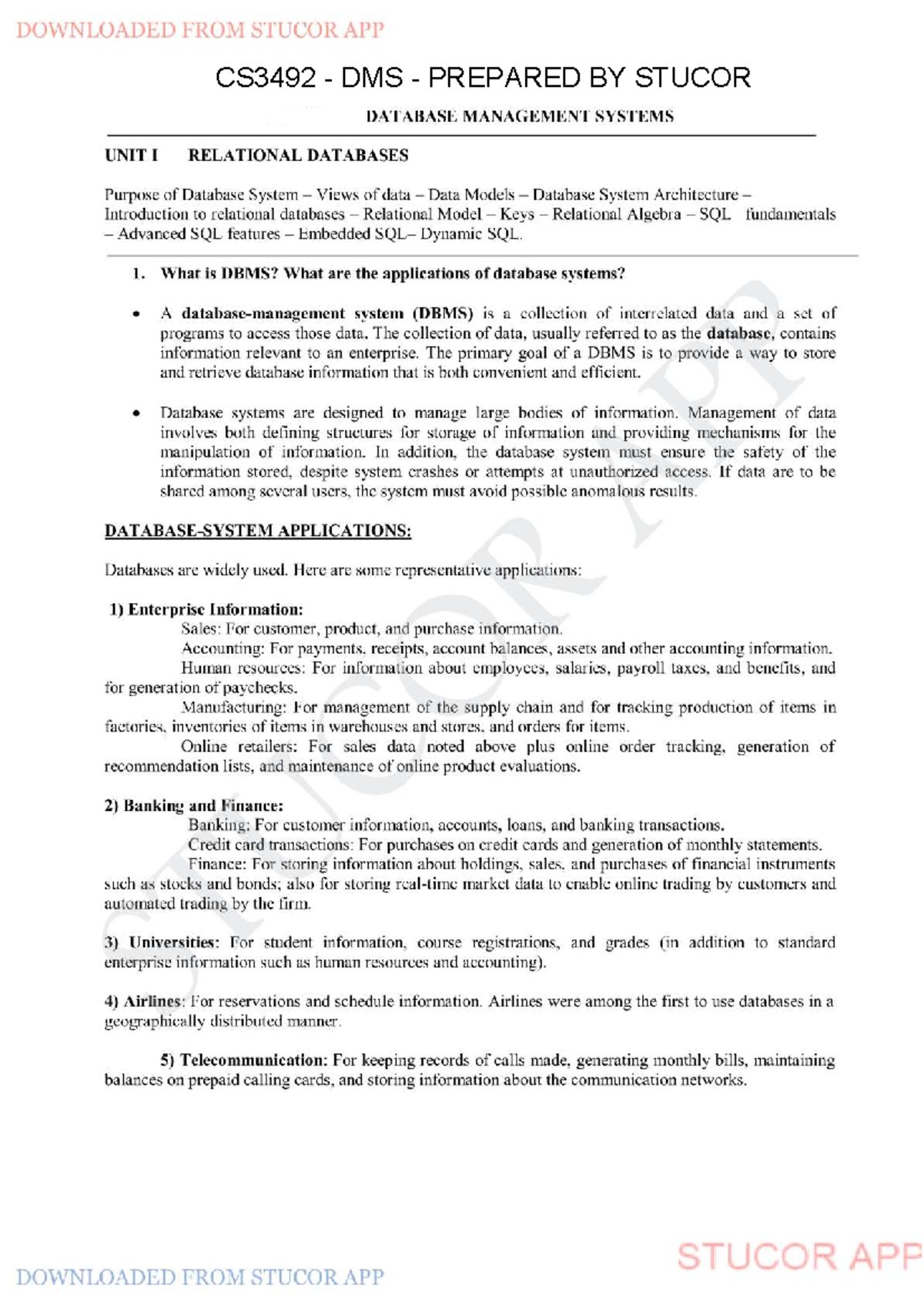 DBMS CS3492 - Unit 1: Database Management System Overview and Concepts - Studocu