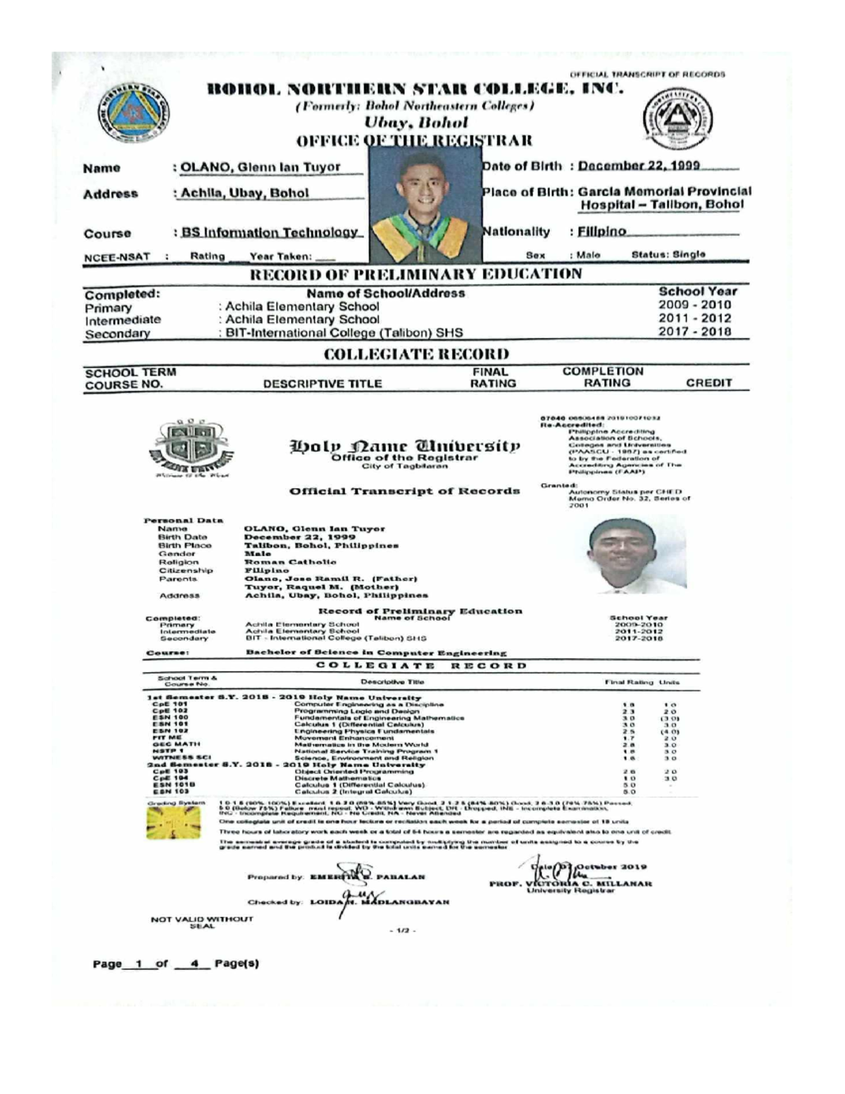 TOR- Glenn Ian Olano - Official Transcript of Records Summary - Studocu