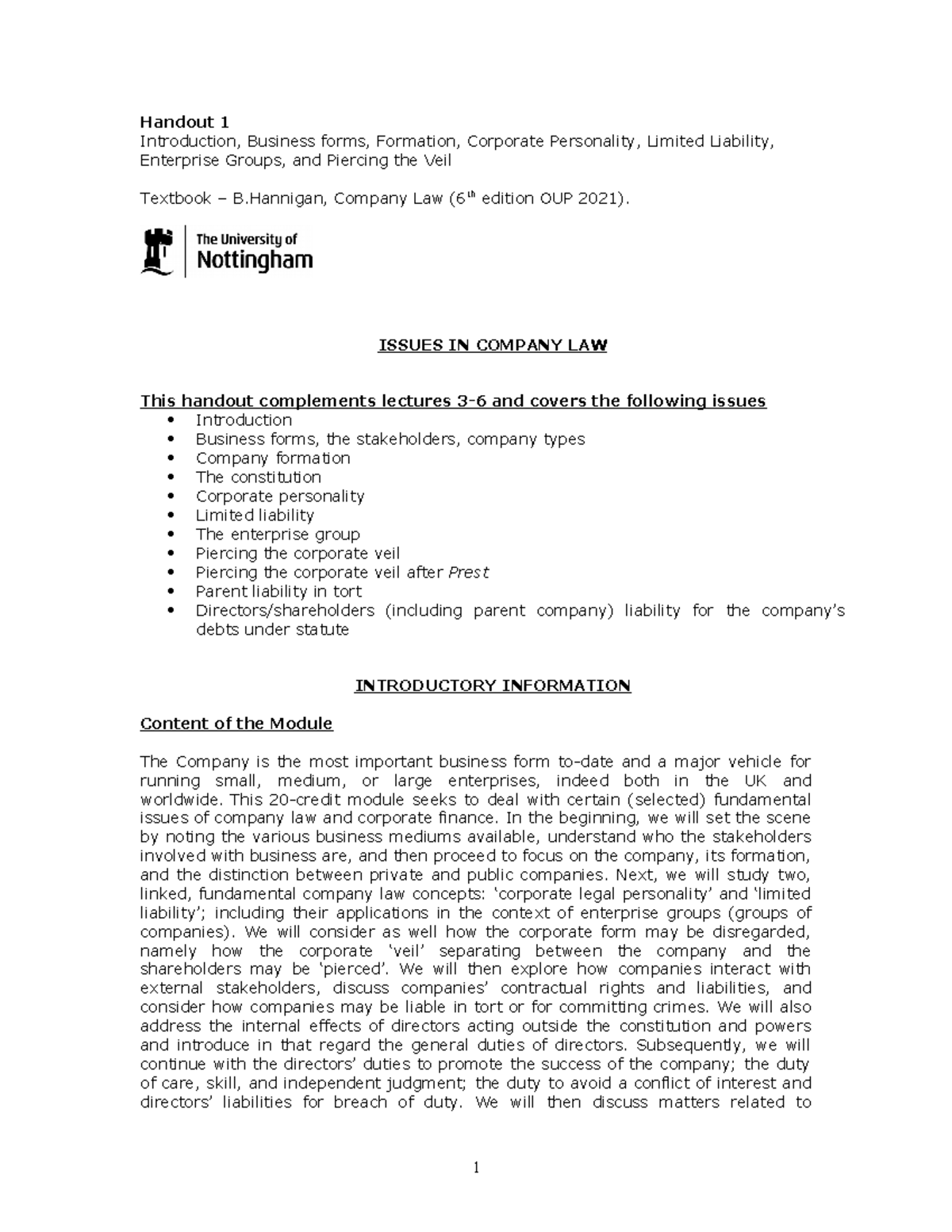 Handout 1 - Tutorial 1: Overview of Company Law Issues (B Law) - Studocu