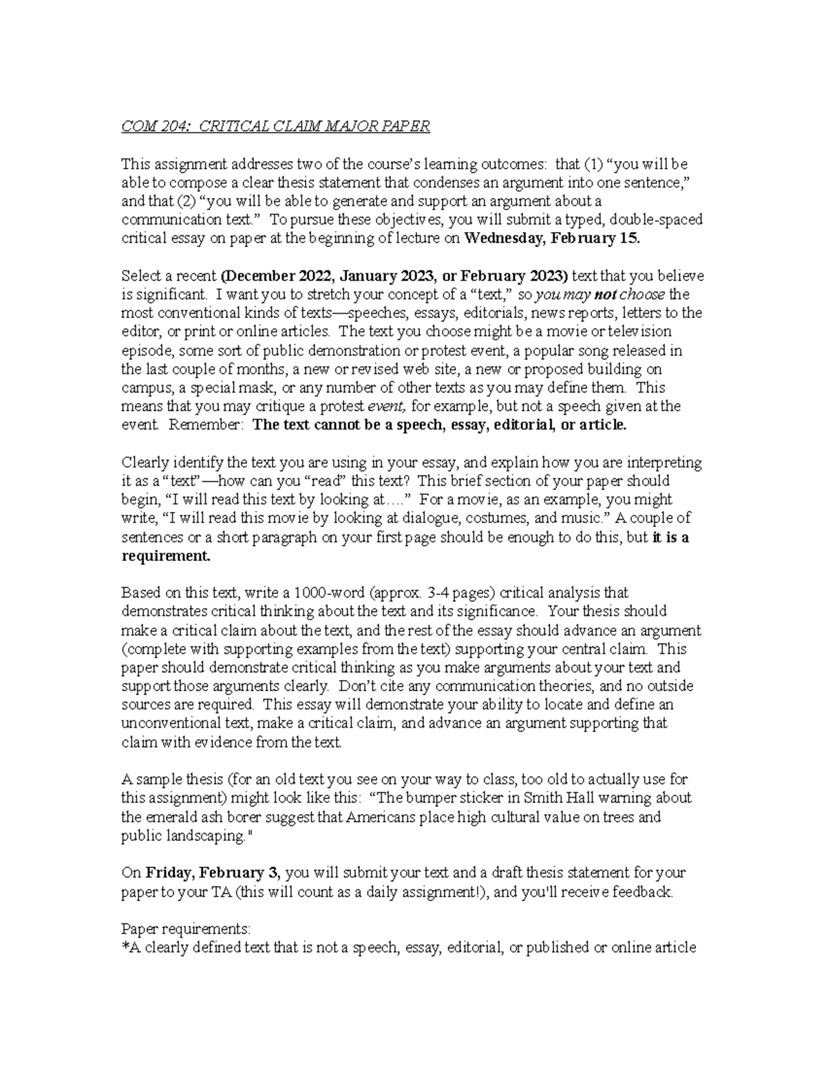 COM 204: Critical Claim Paper Instructions and Guidelines - Studocu