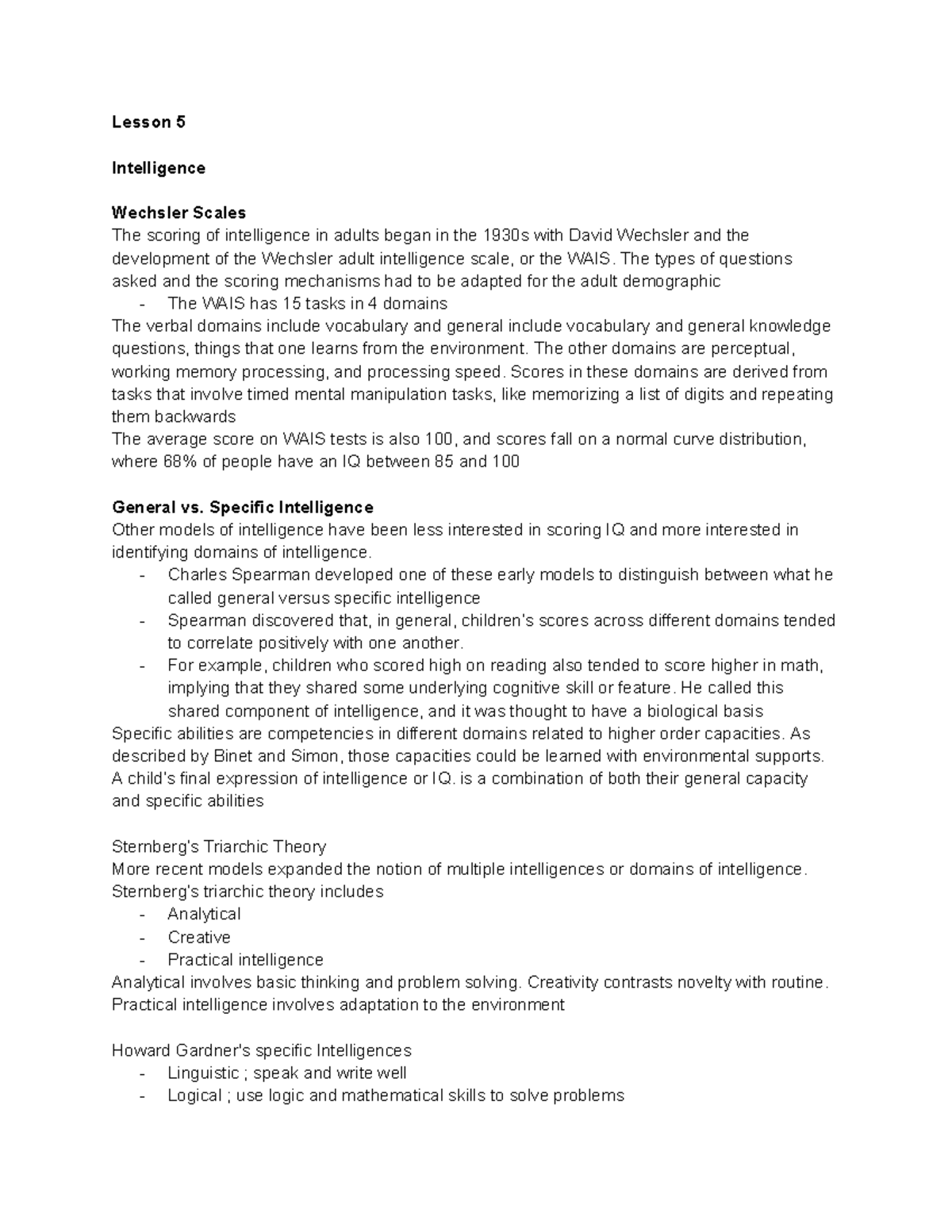PYSC333 Lesson 5: Intelligence and Cognitive Development Insights - Studocu
