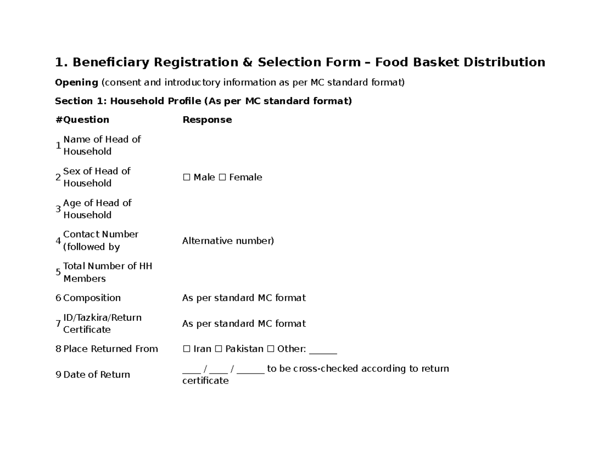 Beneficiary Registration Form for Food Basket Distribution (MC) - Studocu